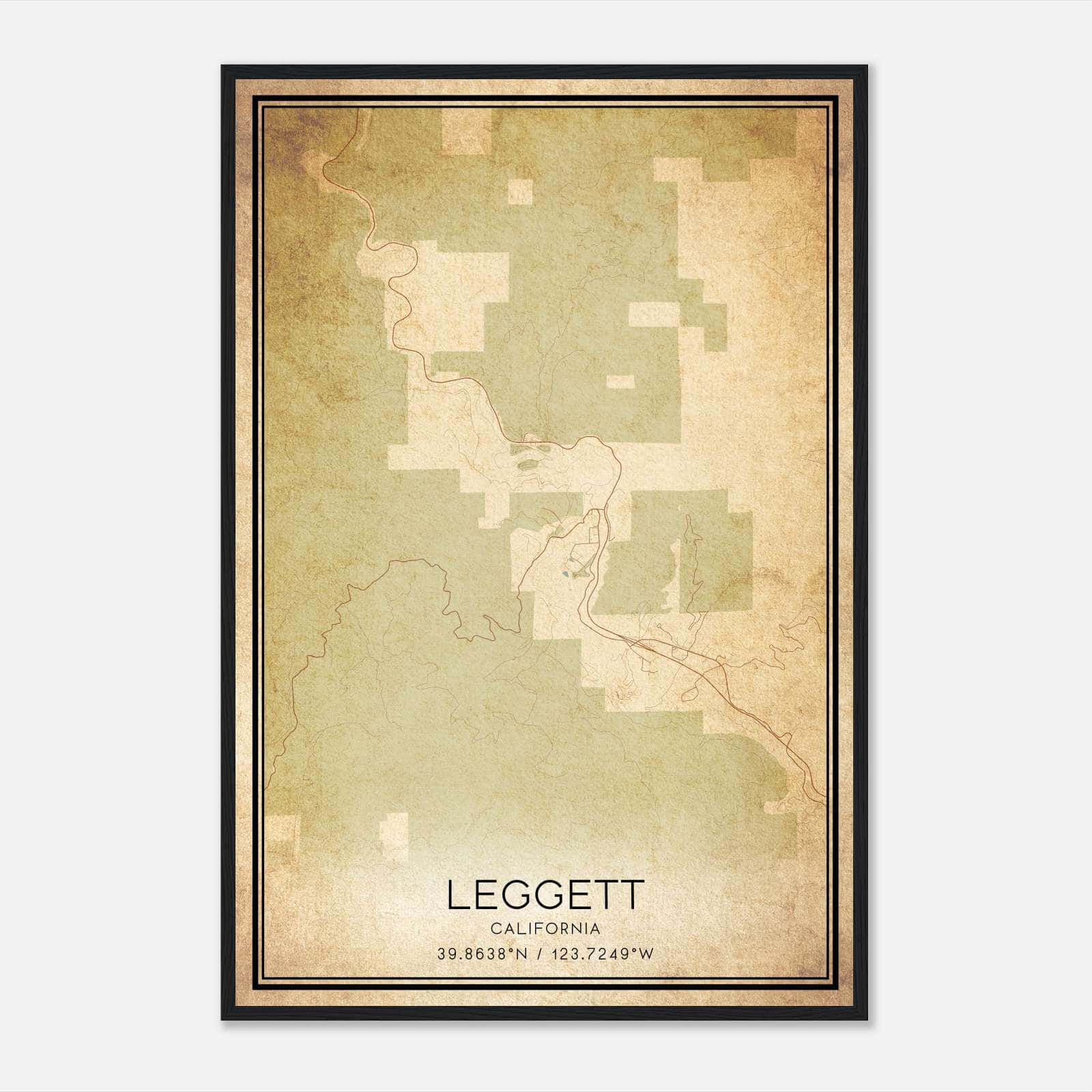 Vintage Leggett California Map Poster, Leggett CA City Road Wall Art ...