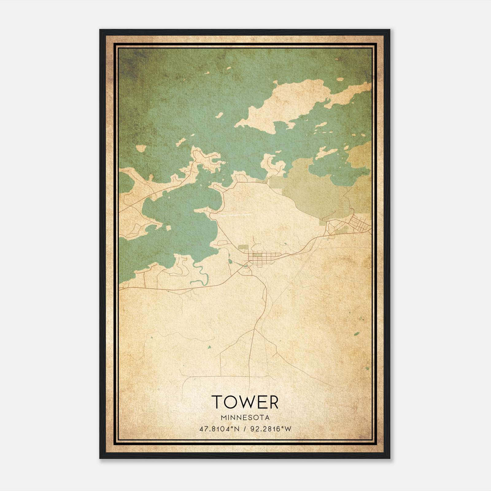 Vintage Tower Minnesota Map Poster, Tower MN City Road Wall Art Print ...