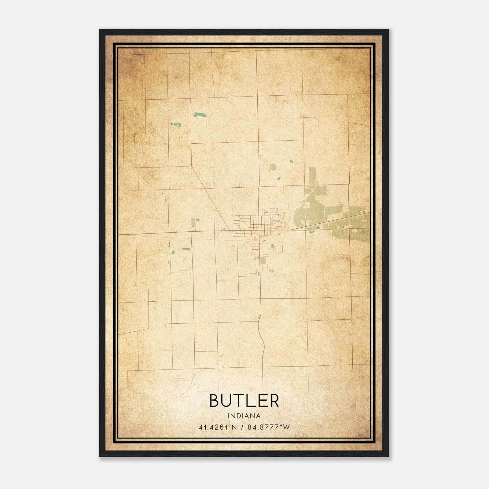 Vintage Butler Indiana Map Poster, Butler IN City Road Wall Art Print ...