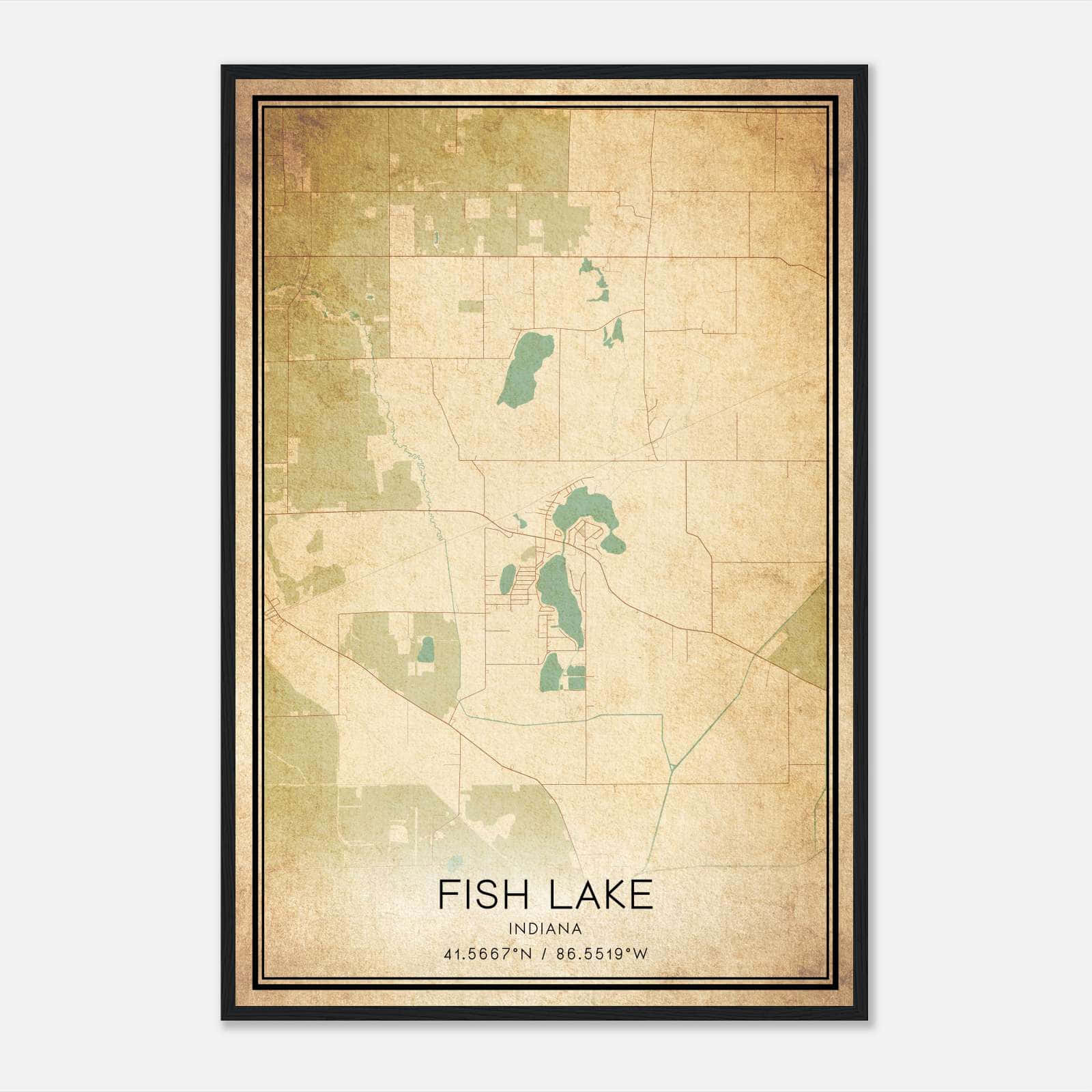 Vintage Fish Lake Indiana Map Poster, Fish Lake IN City Road Wall Art ...