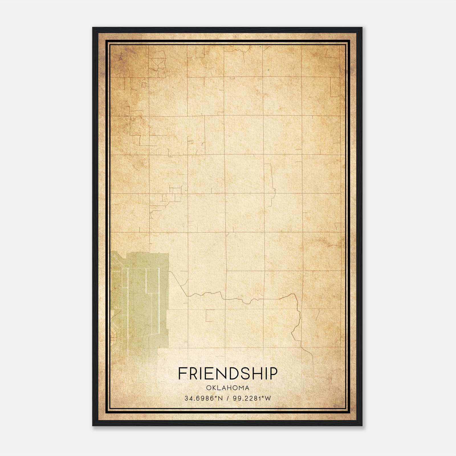 Vintage Friendship Oklahoma Map Poster, Friendship OK City Road Wall ...