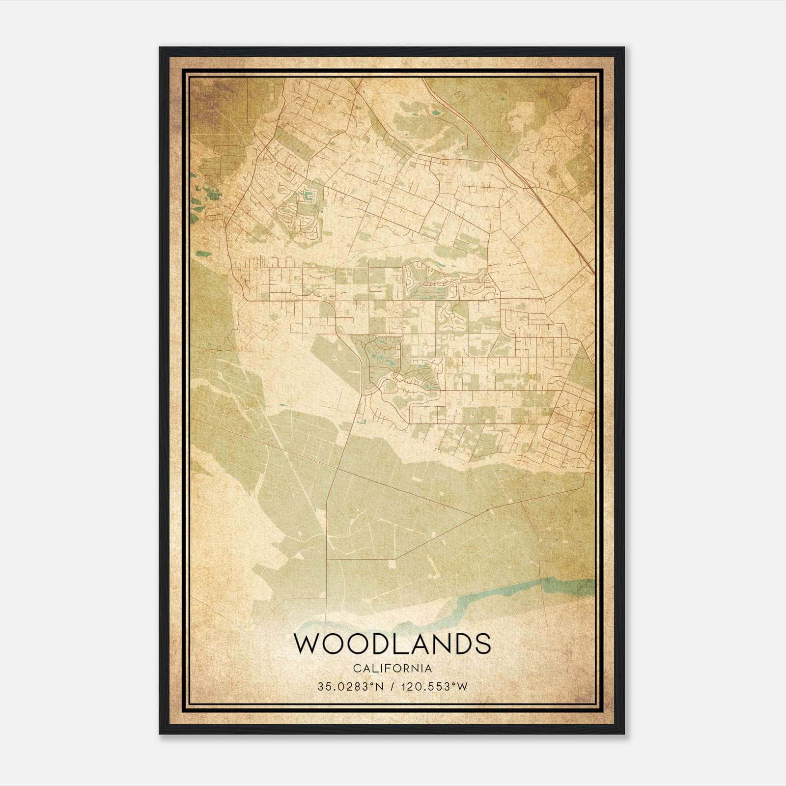 Vintage Woodlands California Map Poster, Woodlands CA City Road Wall ...