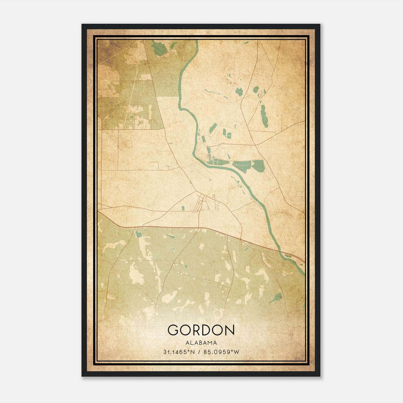 Vintage Gordon Alabama Map Poster, Gordon AL City Road Wall Art Print ...