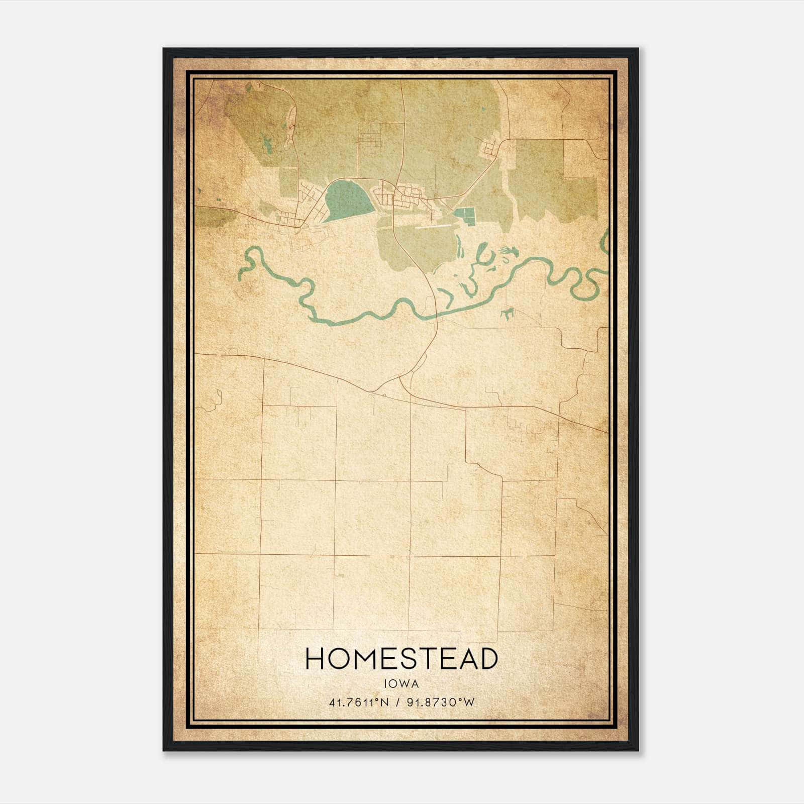 Vintage Homestead Iowa Map Poster, Homestead IA City Road Wall Art ...