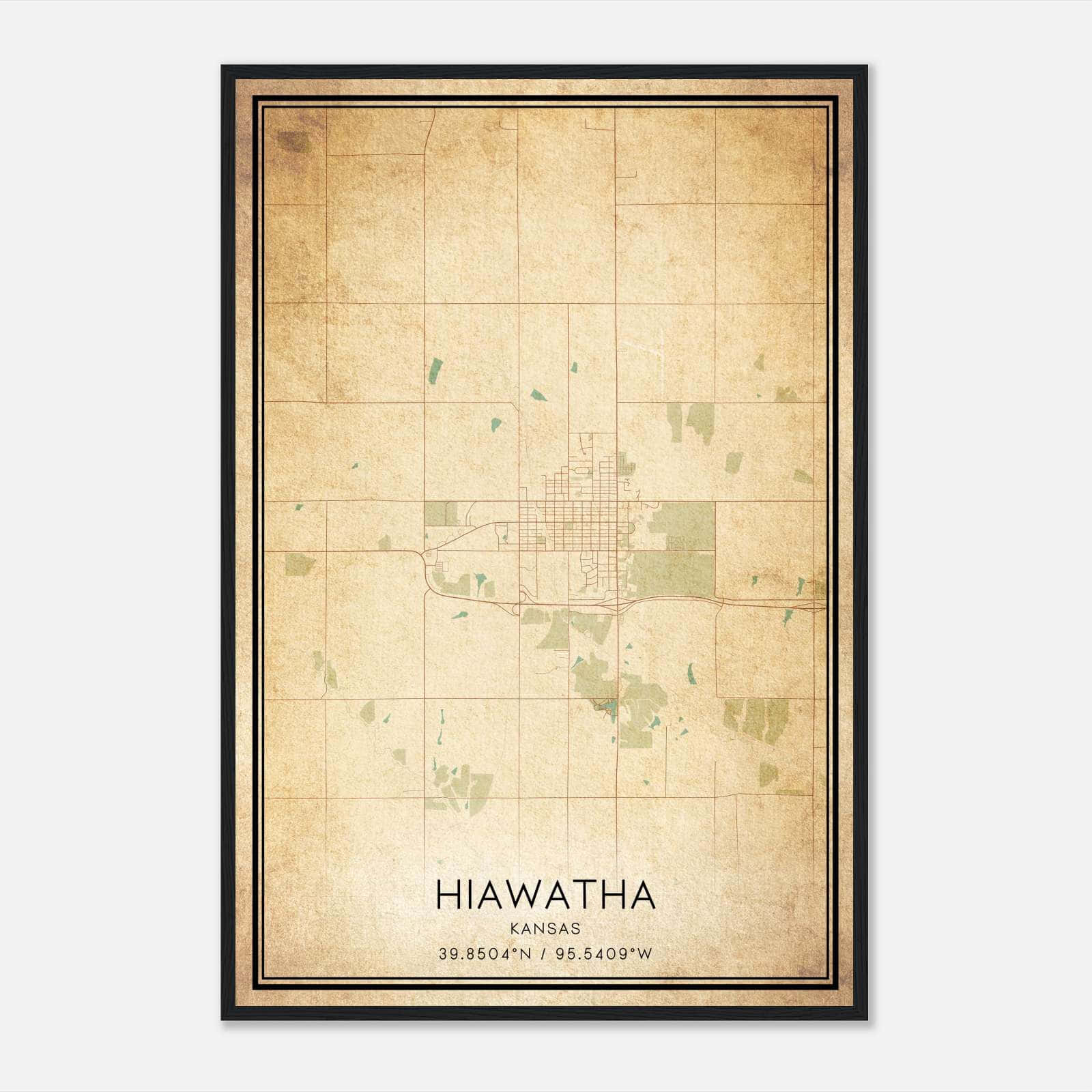 Vintage Hiawatha Kansas Map Poster, Hiawatha KS City Road Wall Art ...