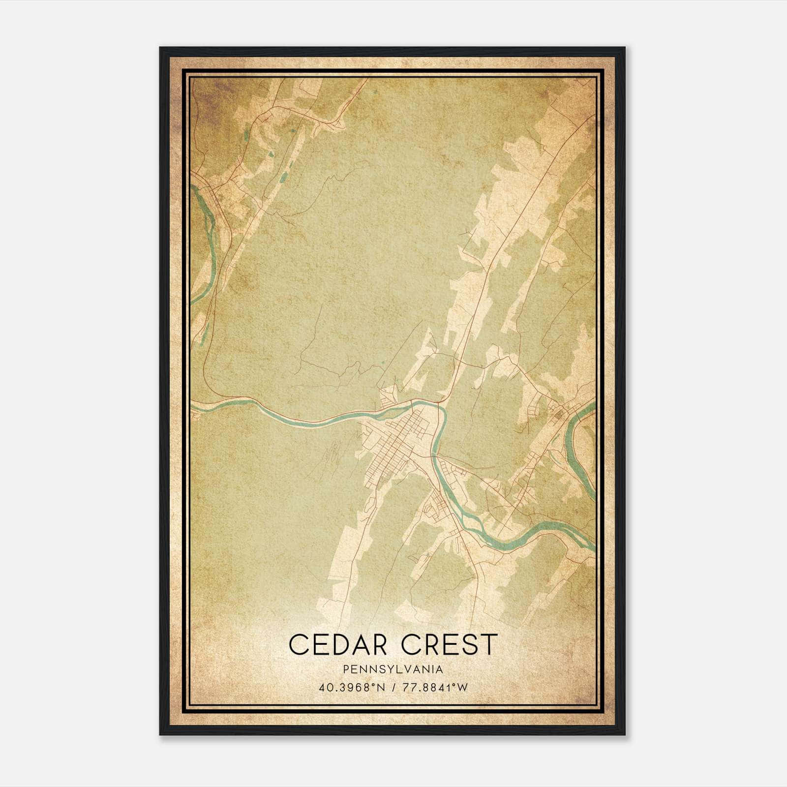 Vintage Cedar Crest Pennsylvania Map Poster, Cedar Crest PA City Road ...