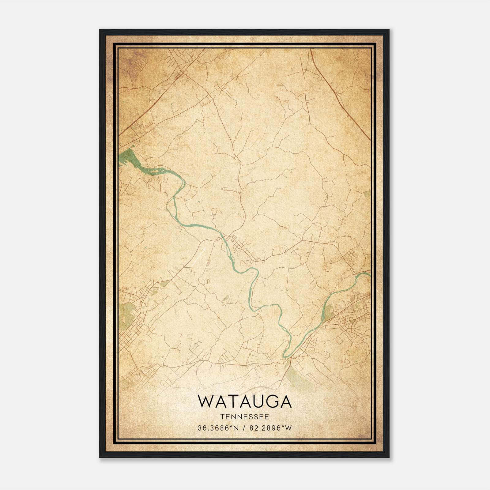 Vintage Watauga Tennessee Map Poster, Watauga TN City Road Wall Art ...