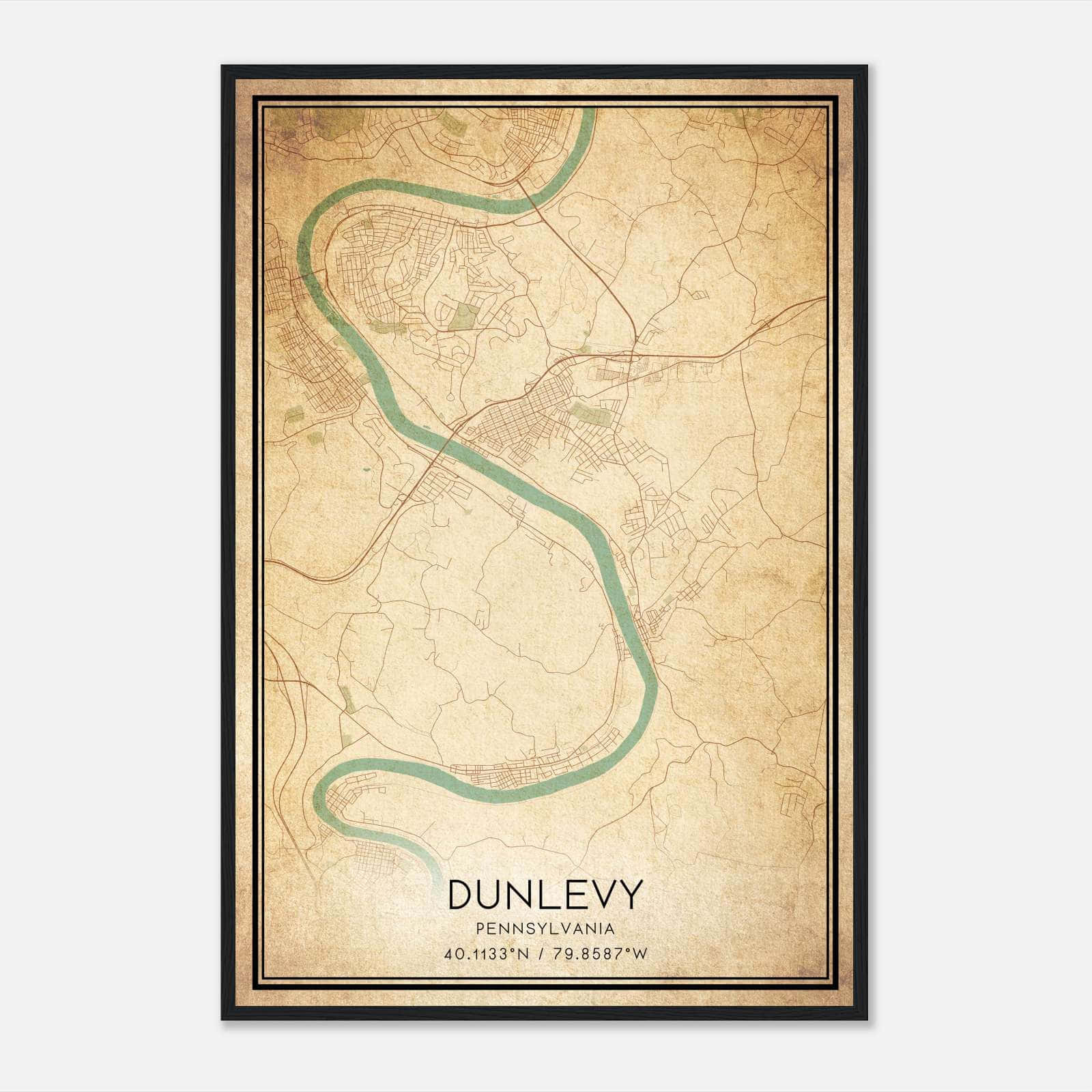 Vintage Dunlevy Pennsylvania Map Poster, Dunlevy PA City Road Wall Art ...