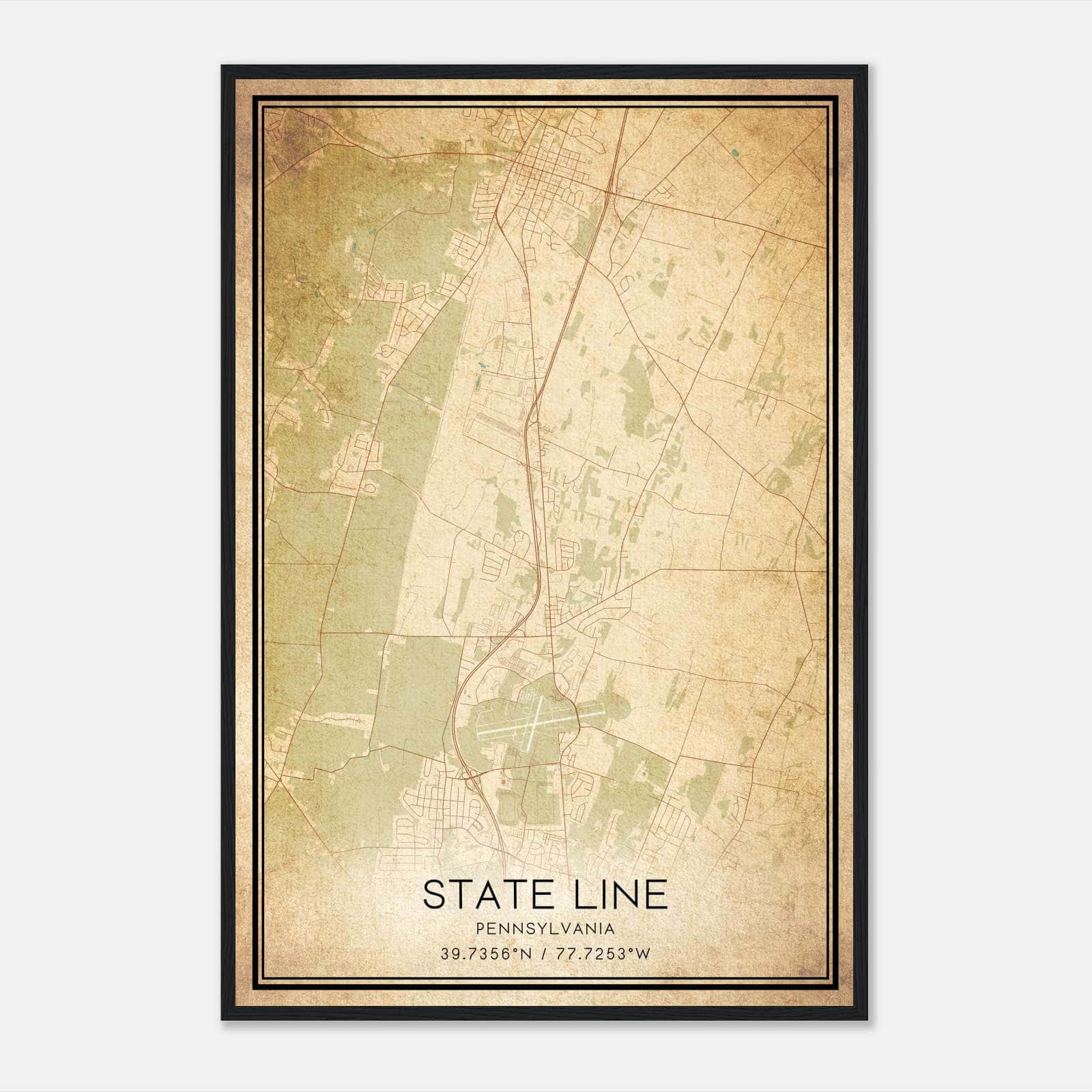 Vintage State Line Pennsylvania Map Poster, State Line PA City Road ...
