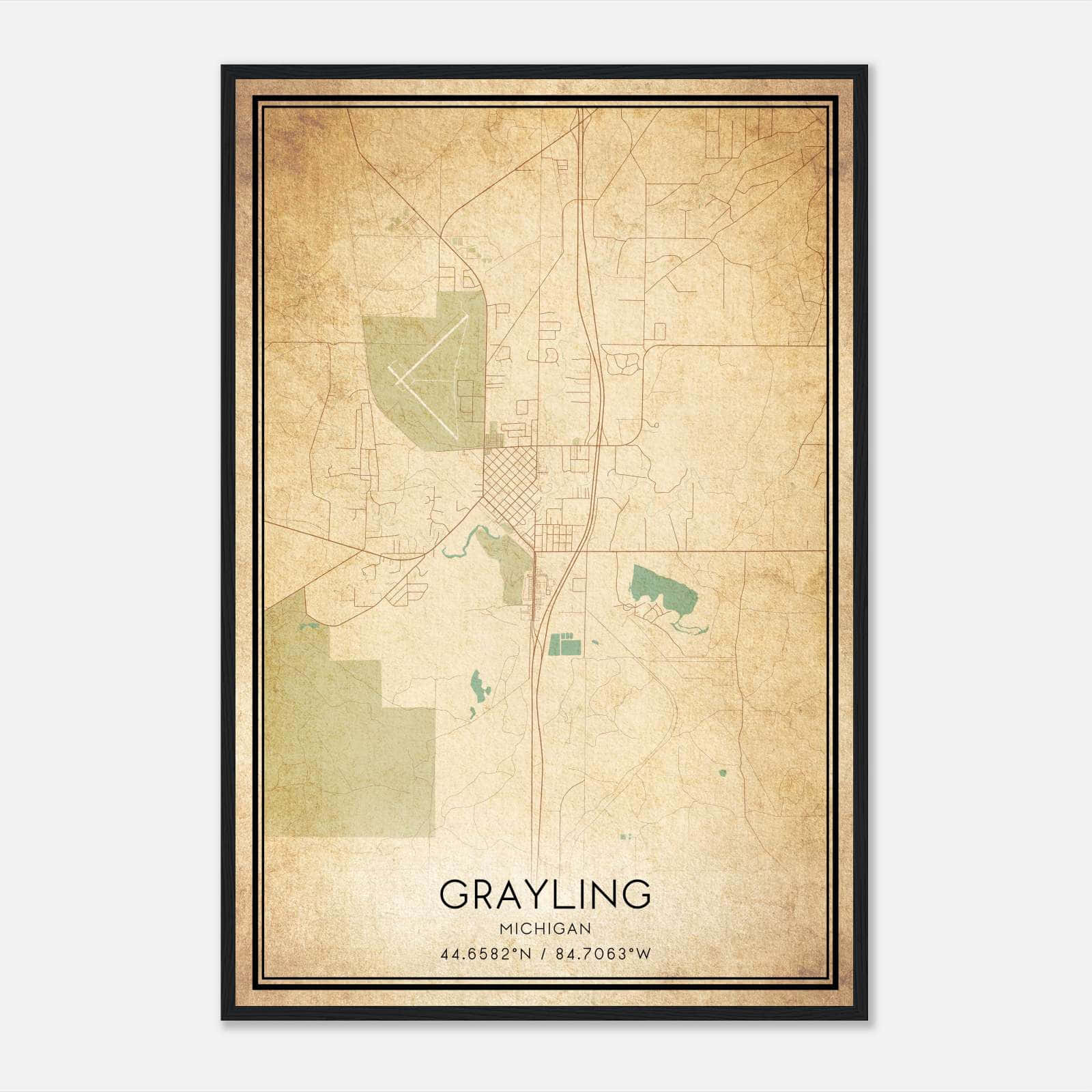 Vintage Grayling Michigan Map Poster, Grayling MI City Road Wall Art ...
