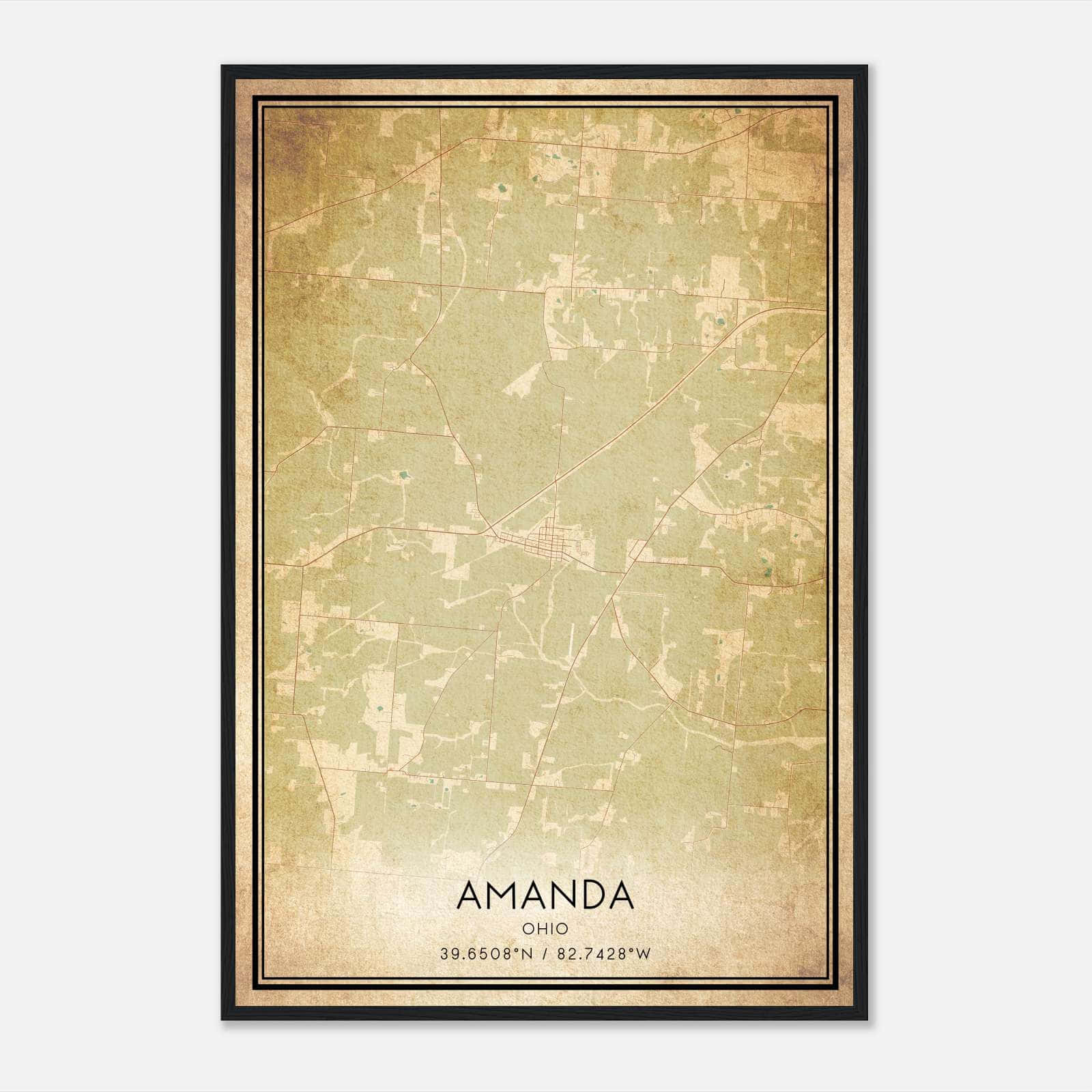 Vintage Amanda Ohio Map Poster, Amanda OH City Road Wall Art Print ...