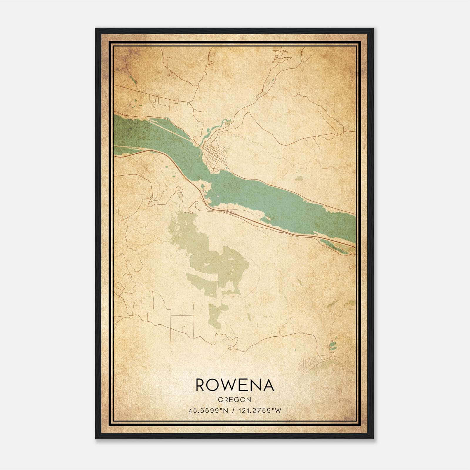 Vintage Rowena Oregon Map Poster, Rowena OR City Road Wall Art Print ...