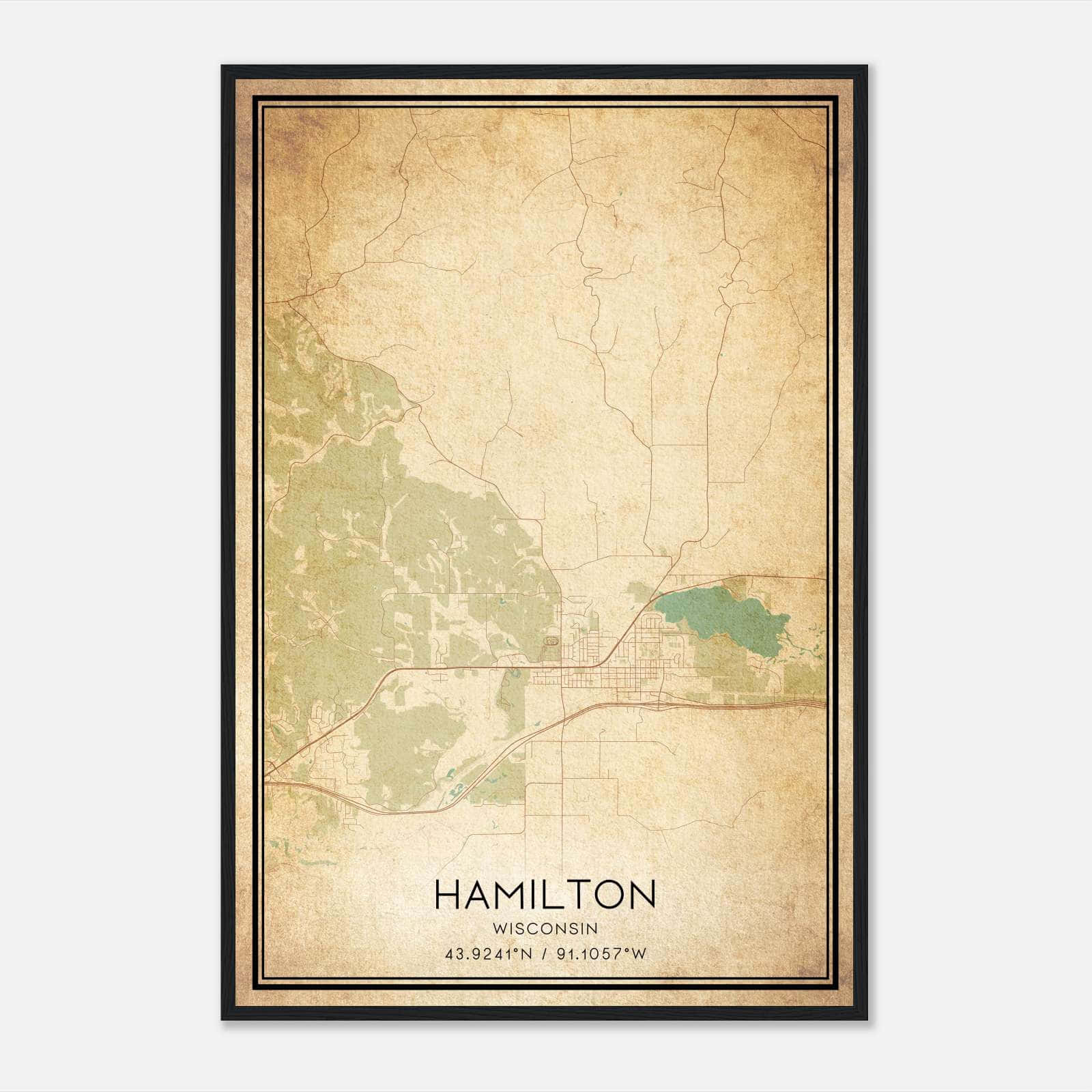 Vintage Hamilton Wisconsin Map Poster, Hamilton WI City Road Wall Art ...