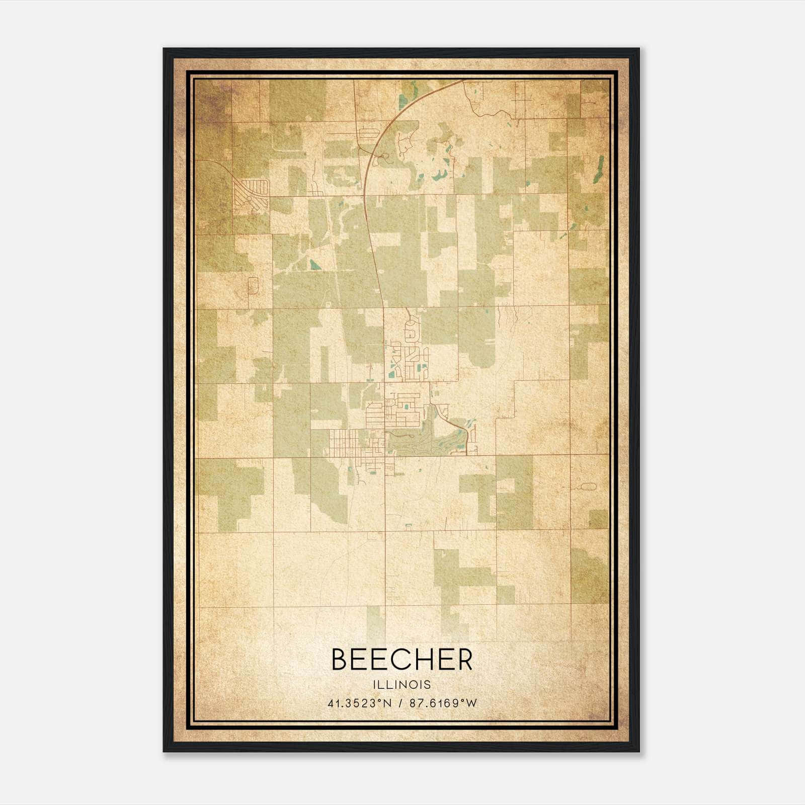 Vintage Beecher Illinois Map Poster, Beecher IL City Road Wall Art ...