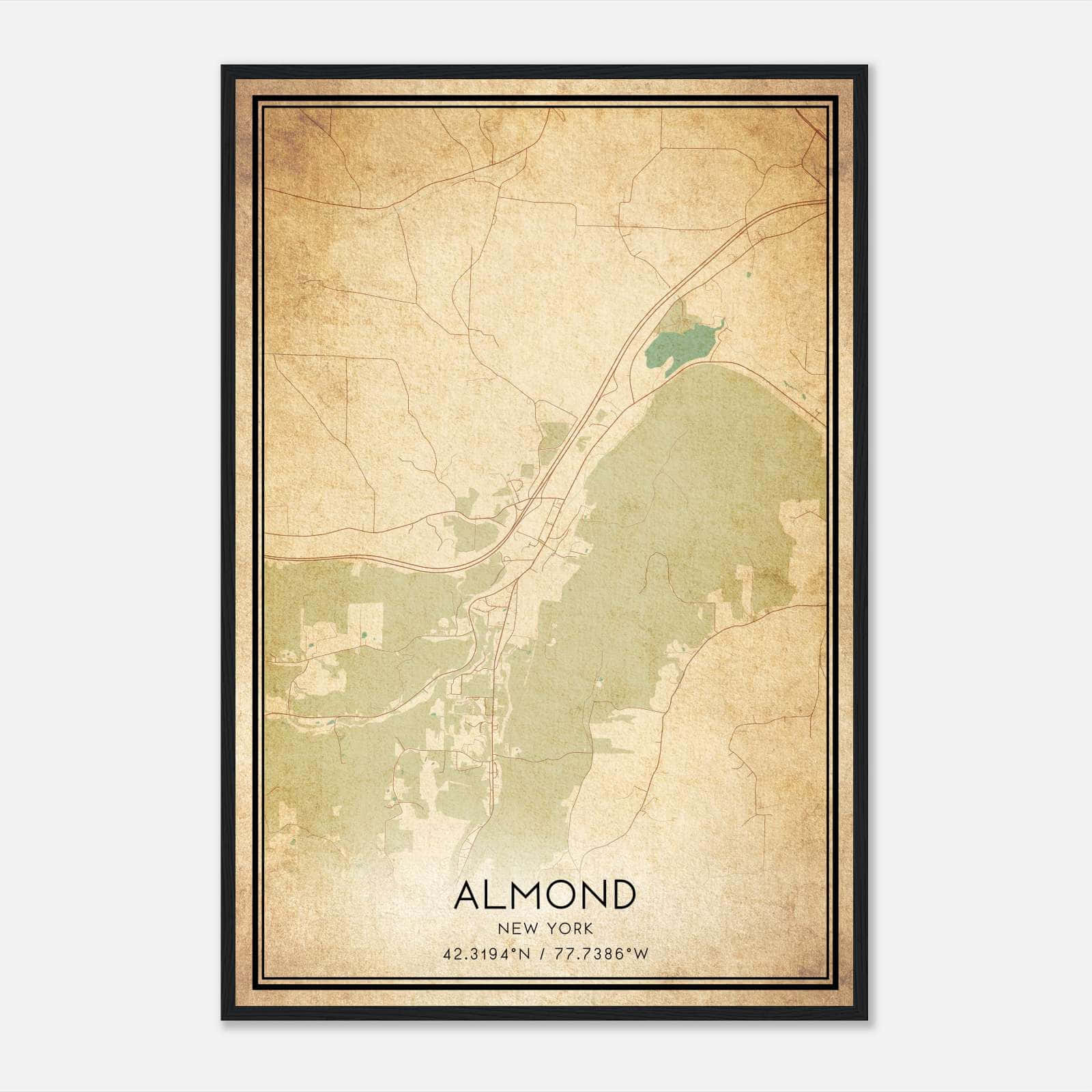 Vintage Almond New York Map Poster, Almond NY City Road Wall Art Print ...