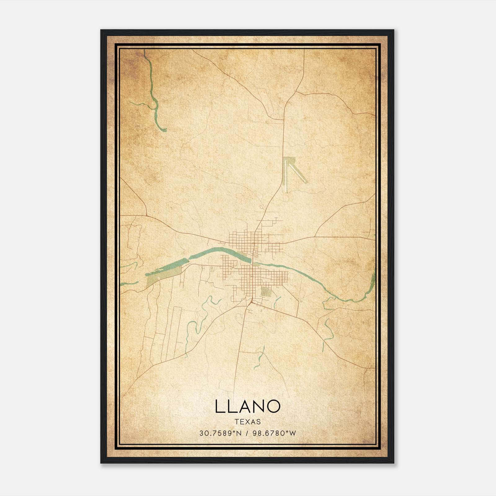 Vintage Llano Texas Map Poster, Llano TX City Road Wall Art Print ...