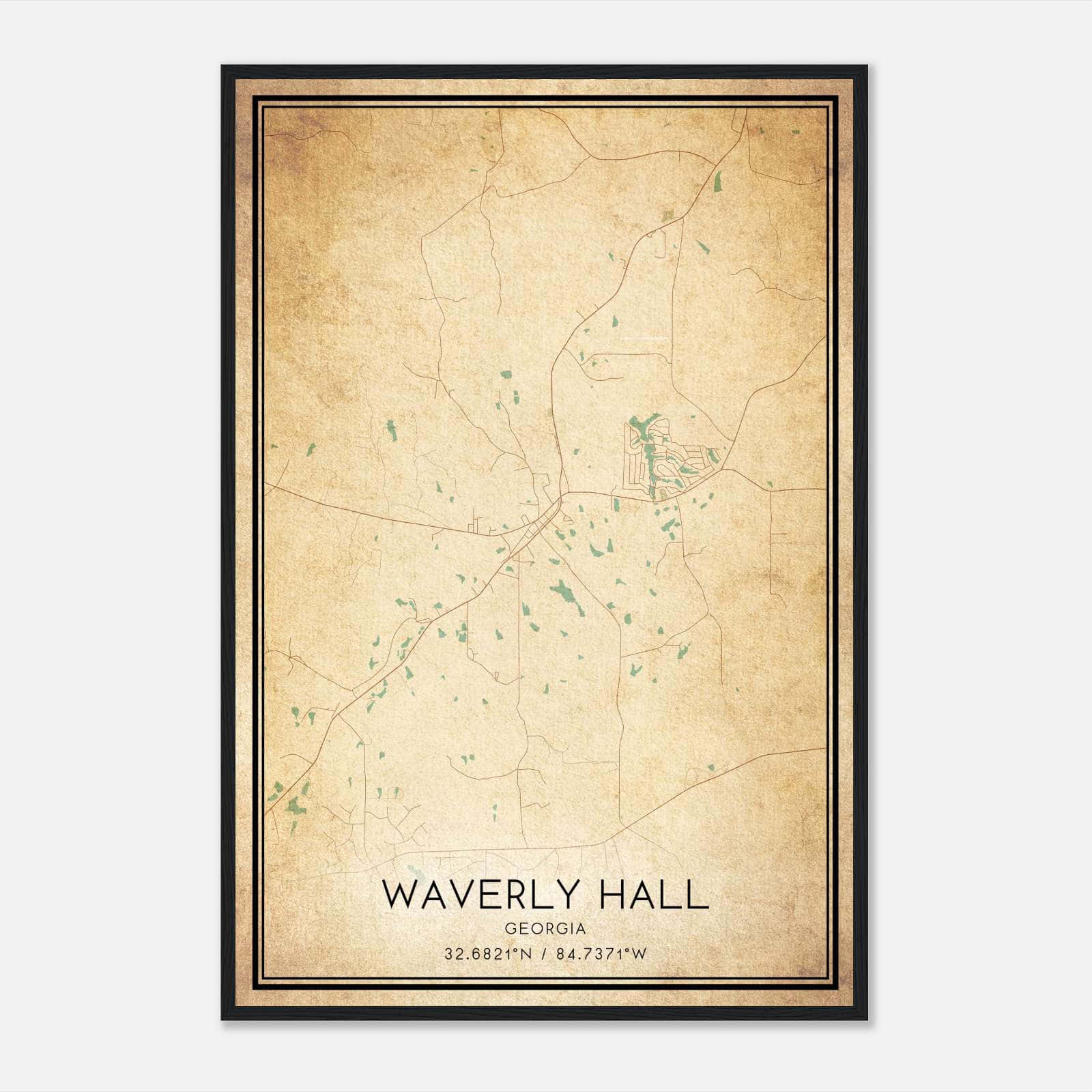 Vintage Waverly Hall Georgia Map Poster, Waverly Hall GA City Road Wall Art Print - Custom Maps ...