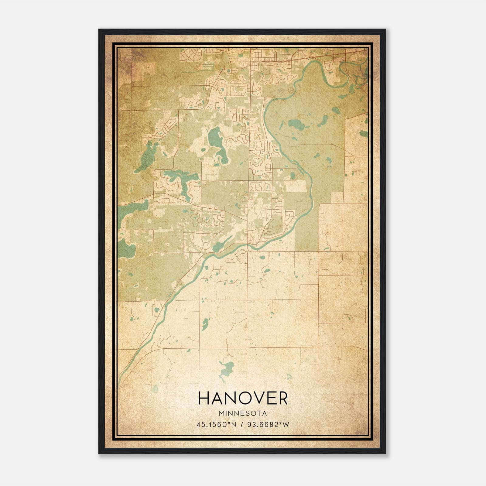 Vintage Hanover Minnesota Map Poster, Hanover MN City Road Wall Art ...