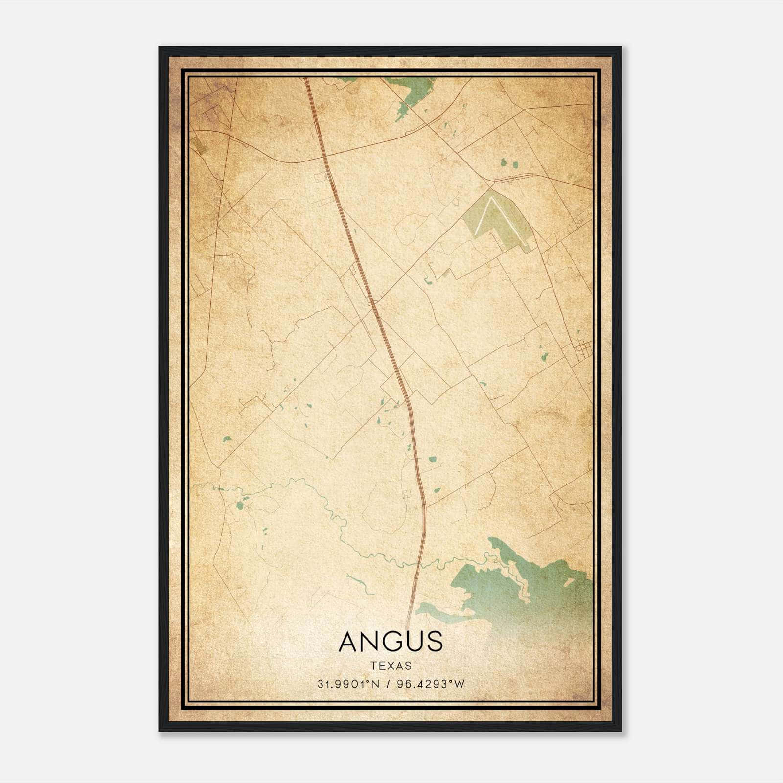 Vintage Angus Texas Map Poster, Angus TX City Road Wall Art Print ...