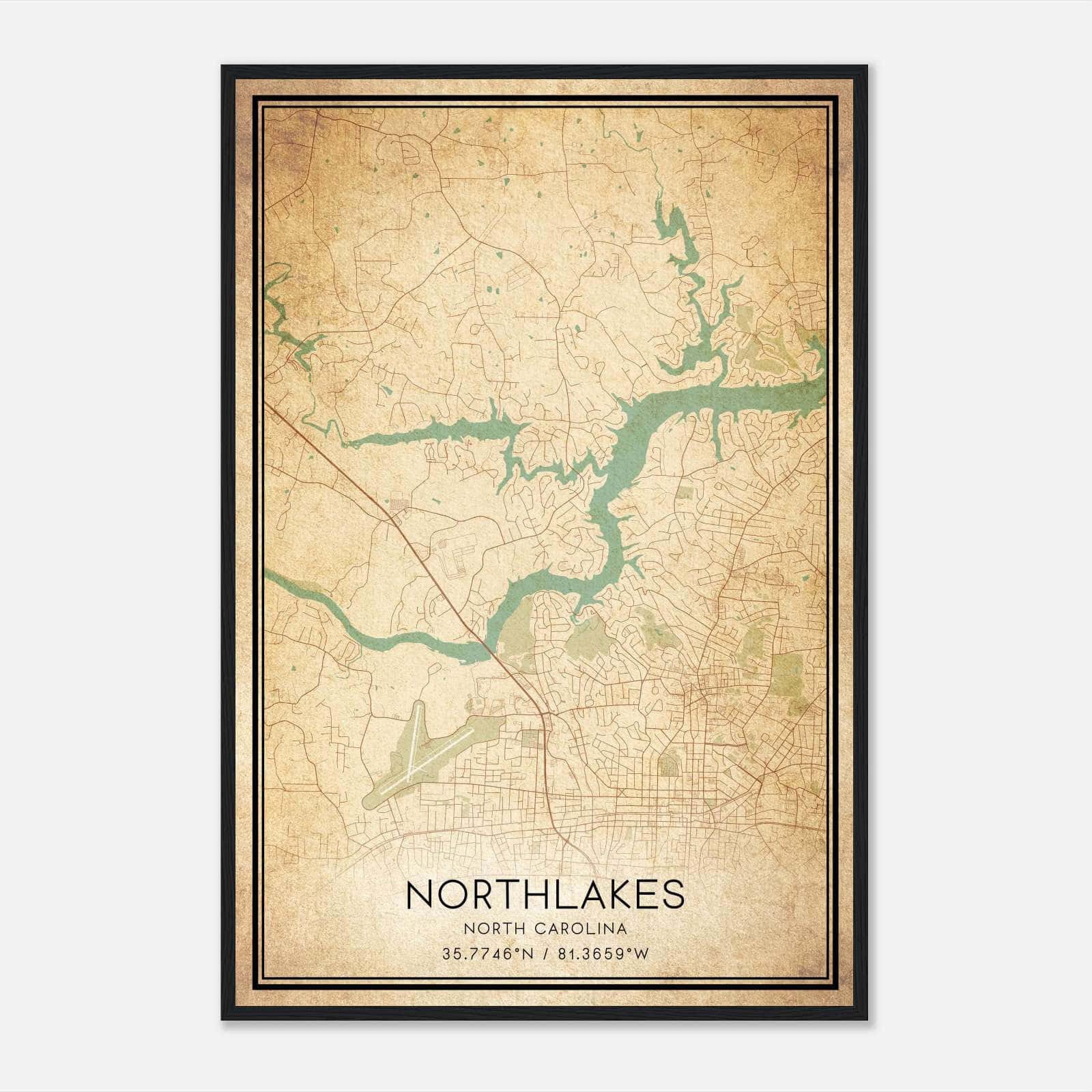 Vintage Northlakes North Carolina Map Poster, Northlakes NC City Road ...