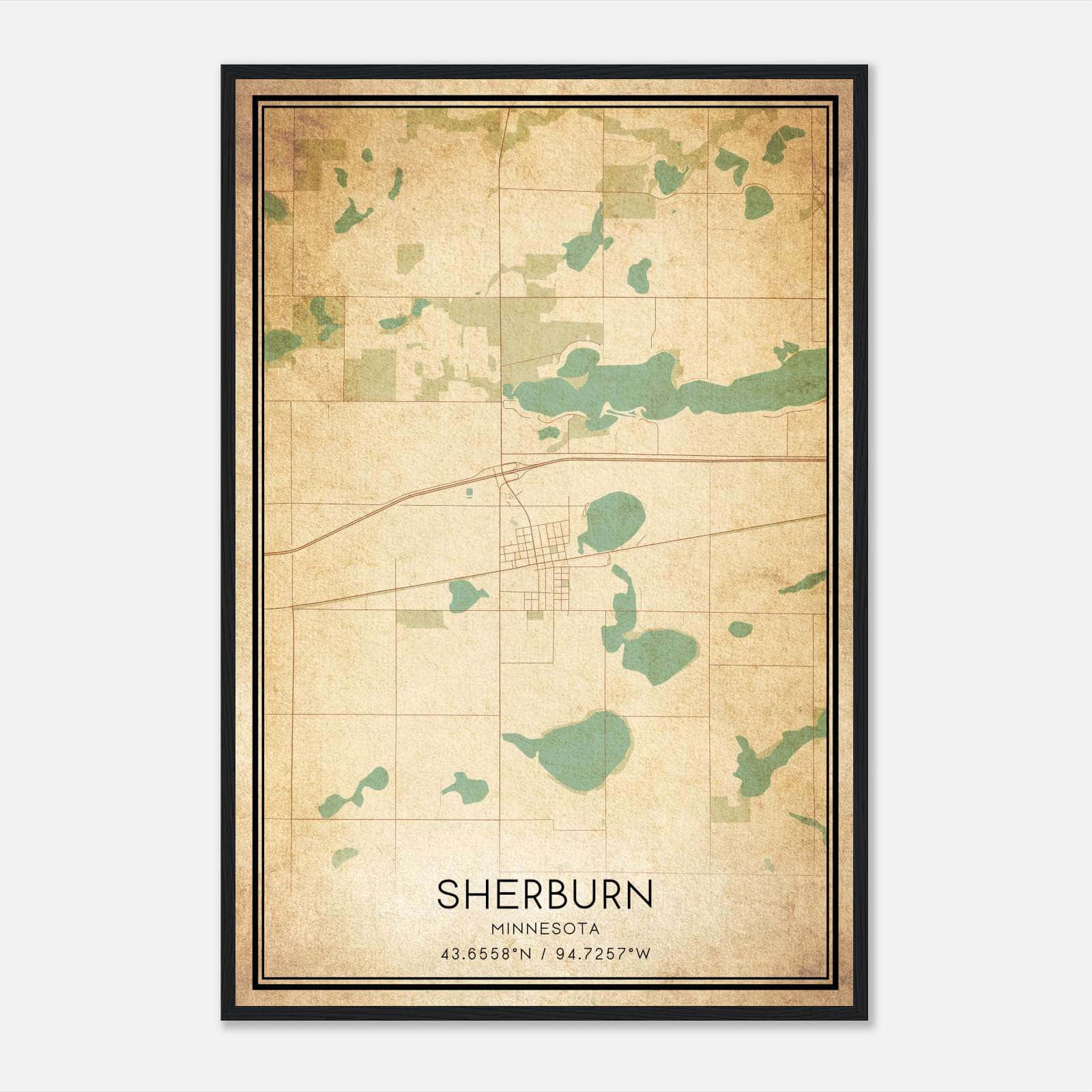 Vintage Sherburn Minnesota Map Poster, Sherburn MN City Road Wall Art ...