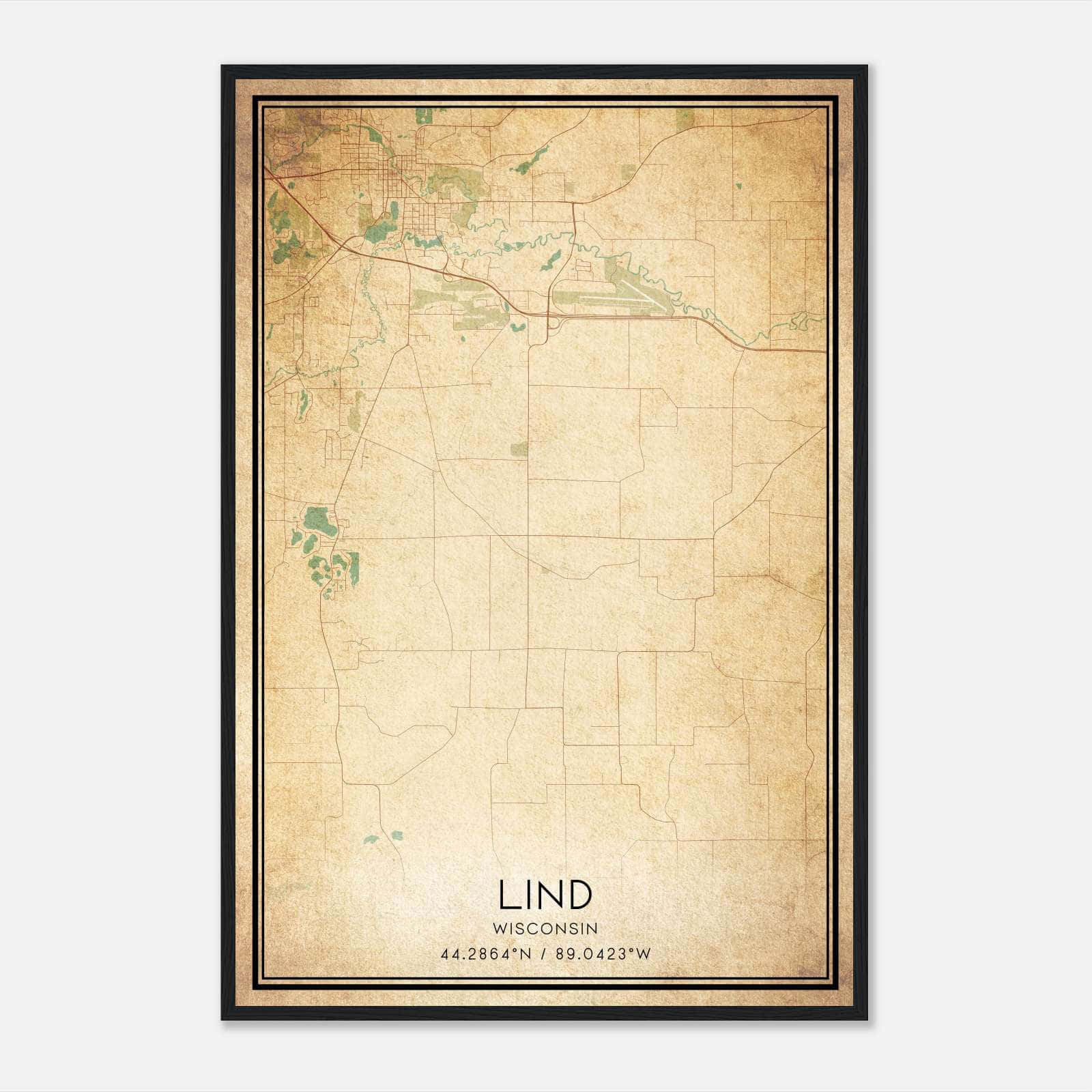 Vintage Lind Wisconsin Map Poster, Lind WI City Road Wall Art Print ...