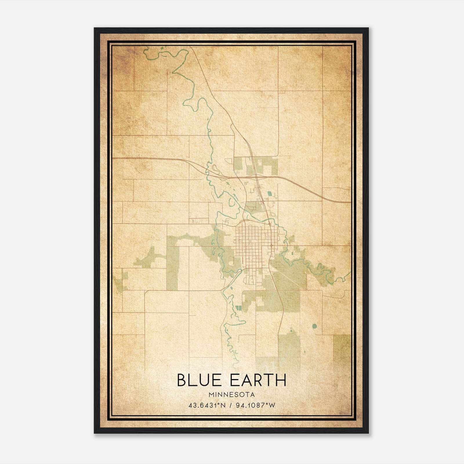 Vintage Blue Earth Minnesota Map Poster, Blue Earth MN City Road Wall ...