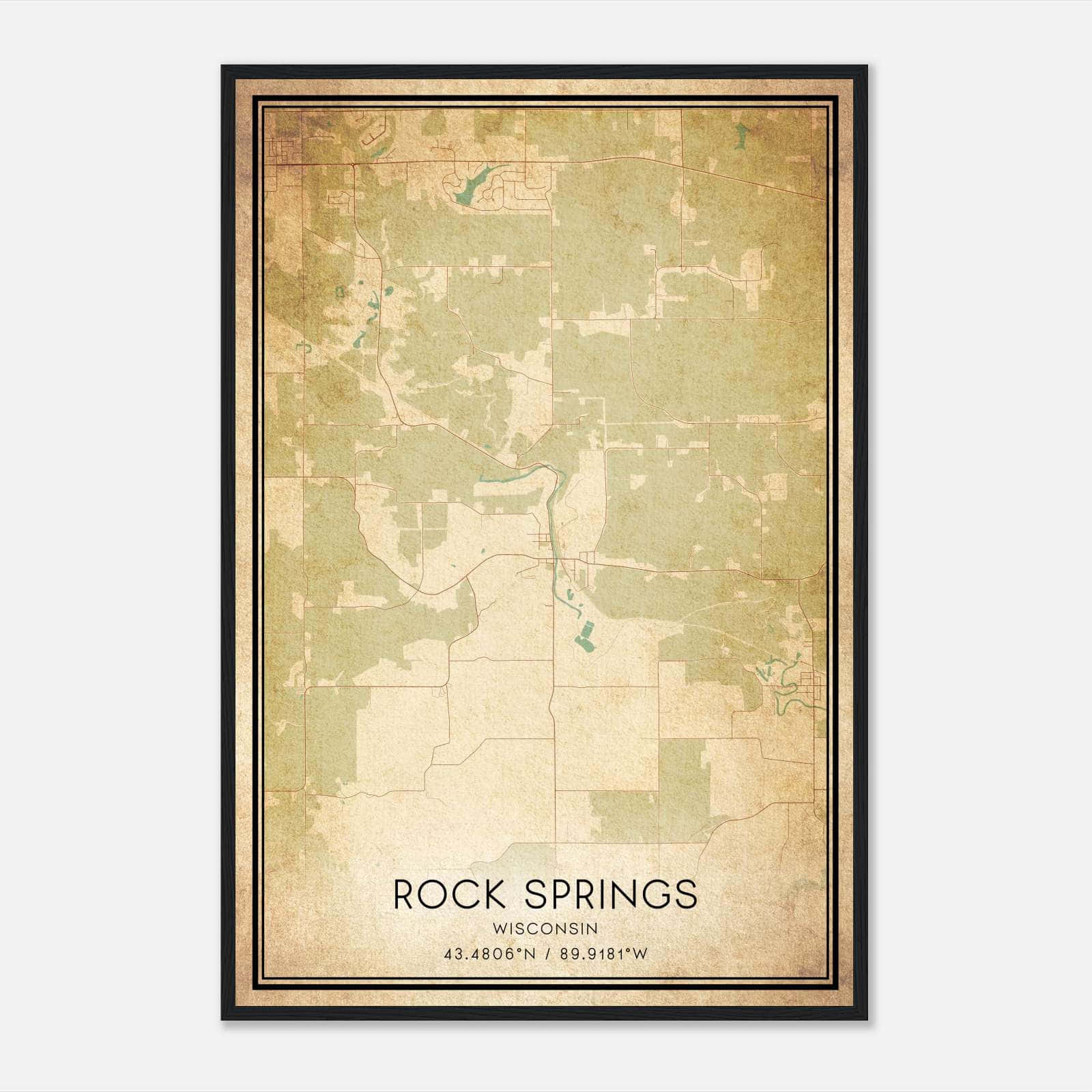 Vintage Rock Springs Wisconsin Map Poster, Rock Springs WI City Road ...