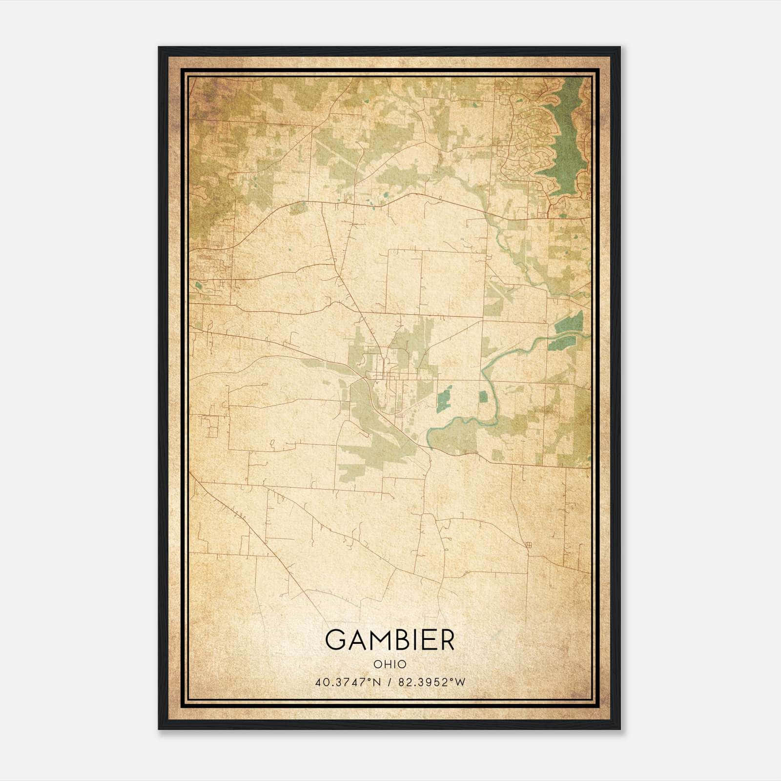 Vintage Gambier Ohio Map Poster, Gambier OH City Road Wall Art Print - Custom Maps & Posters