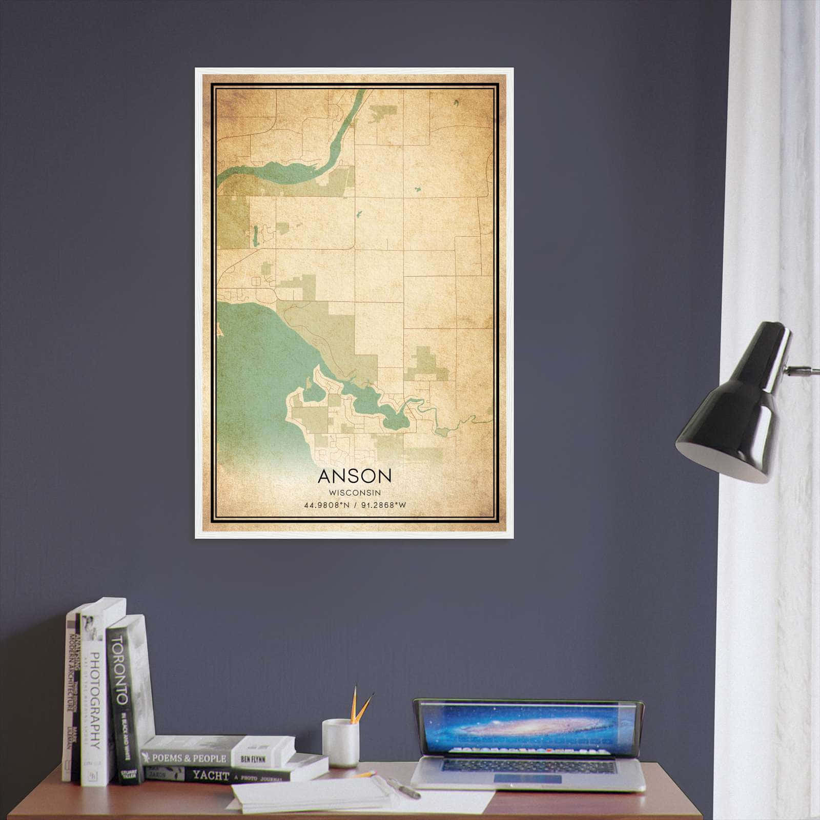 Vintage Anson Wisconsin Map Poster, Anson WI City Road Wall Art Print ...
