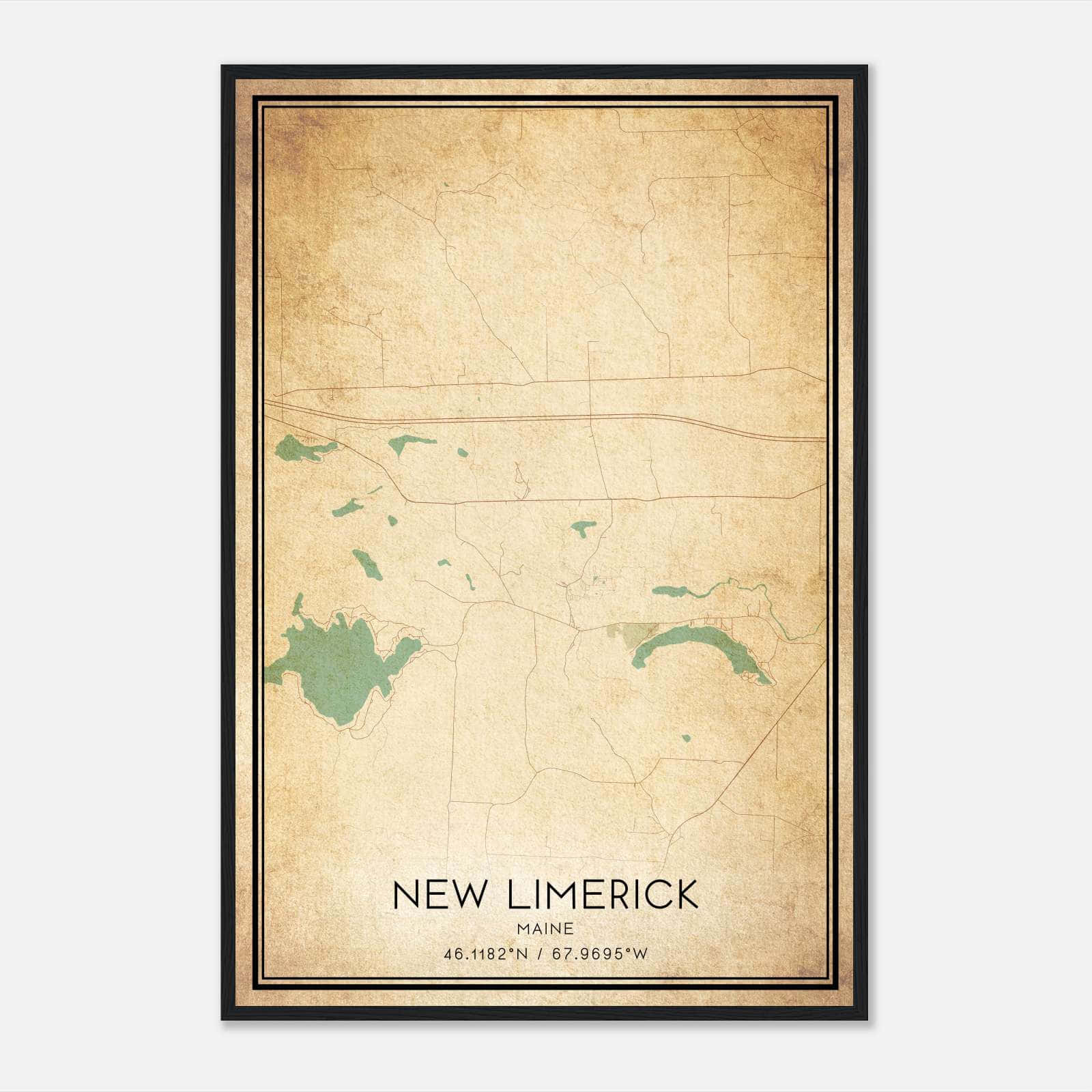 Vintage New Limerick Maine Map Poster, New Limerick ME City Road Wall ...