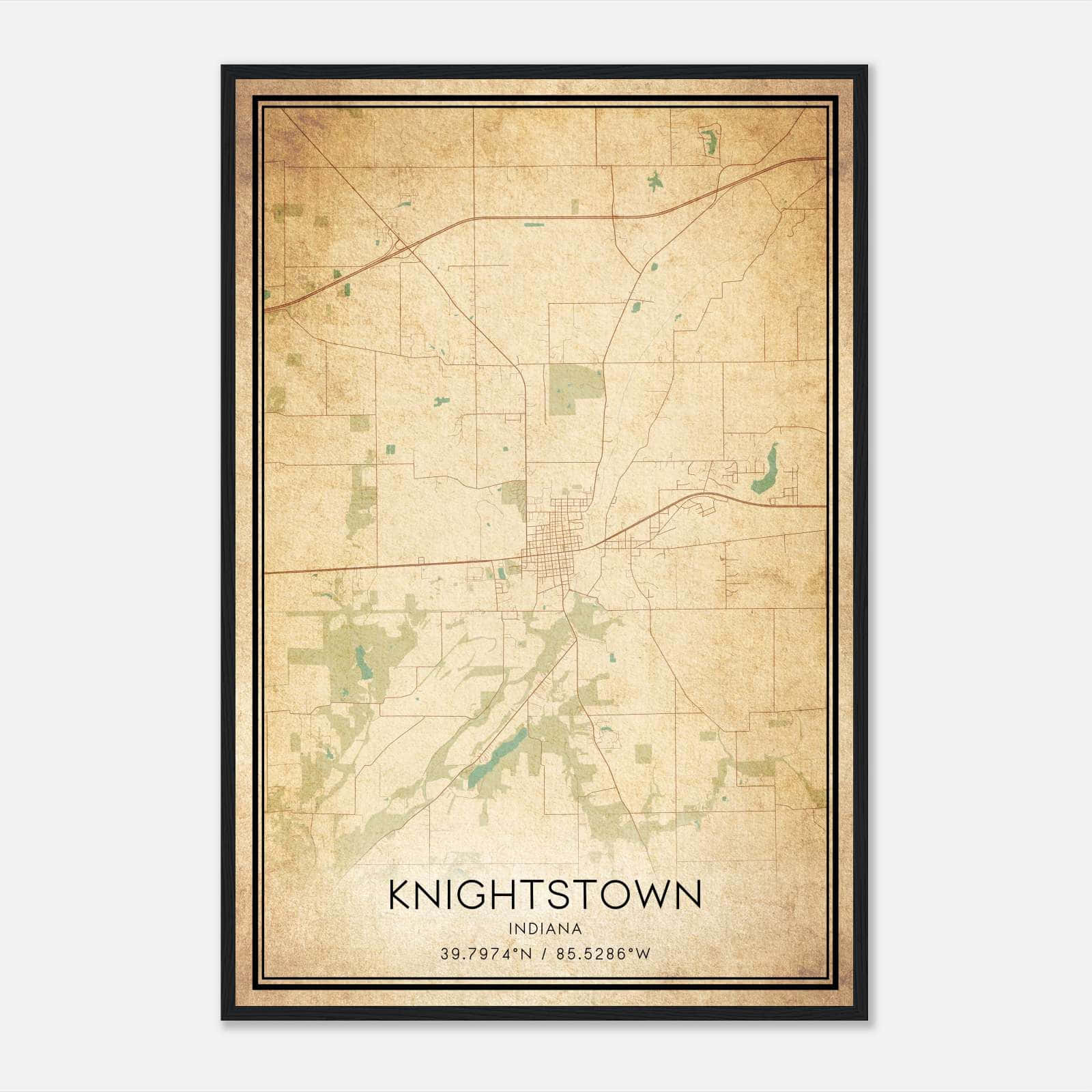 Vintage Knightstown Indiana Map Poster, Knightstown IN City Road Wall ...