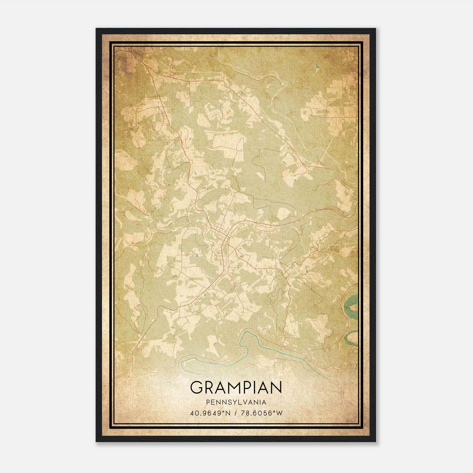 Vintage Grampian Pennsylvania Map Poster, Grampian PA City Road Wall ...