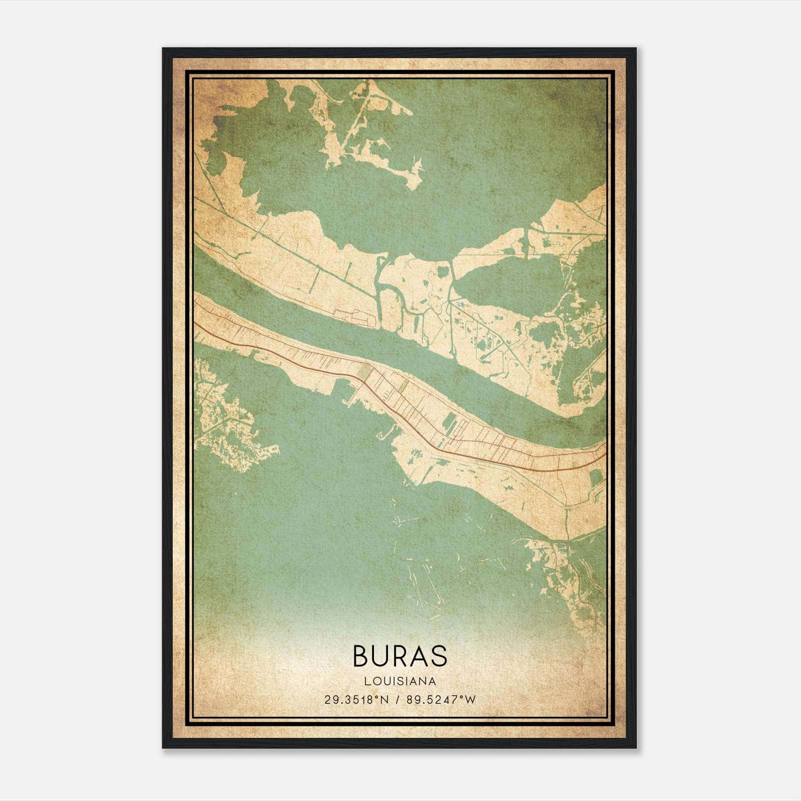 Vintage Buras Louisiana Map Poster, Buras LA City Road Wall Art Print ...
