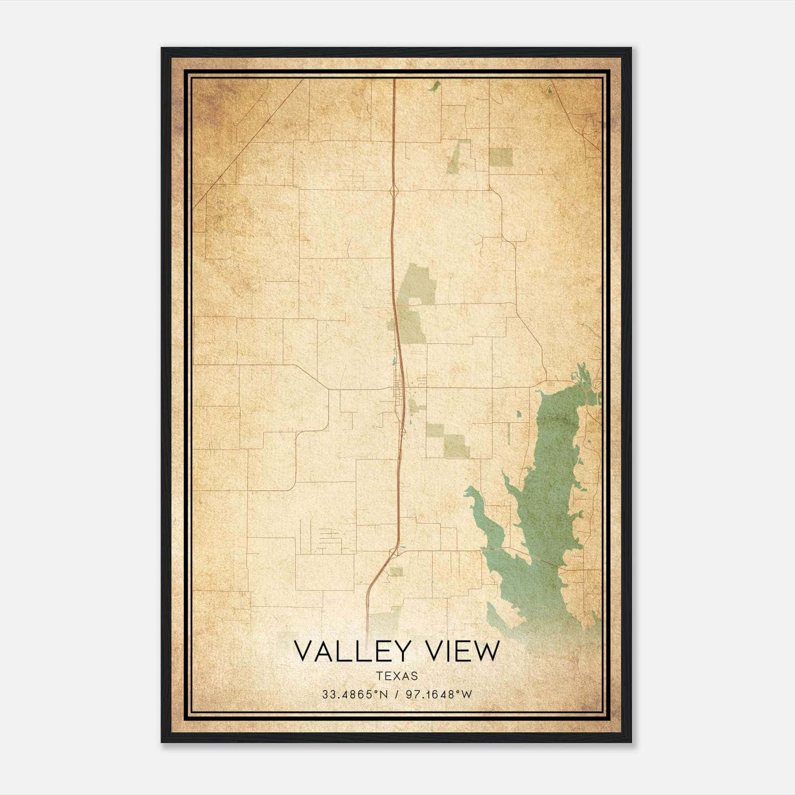 Vintage Valley View Texas Map Poster, Valley View TX City Road Wall Art ...