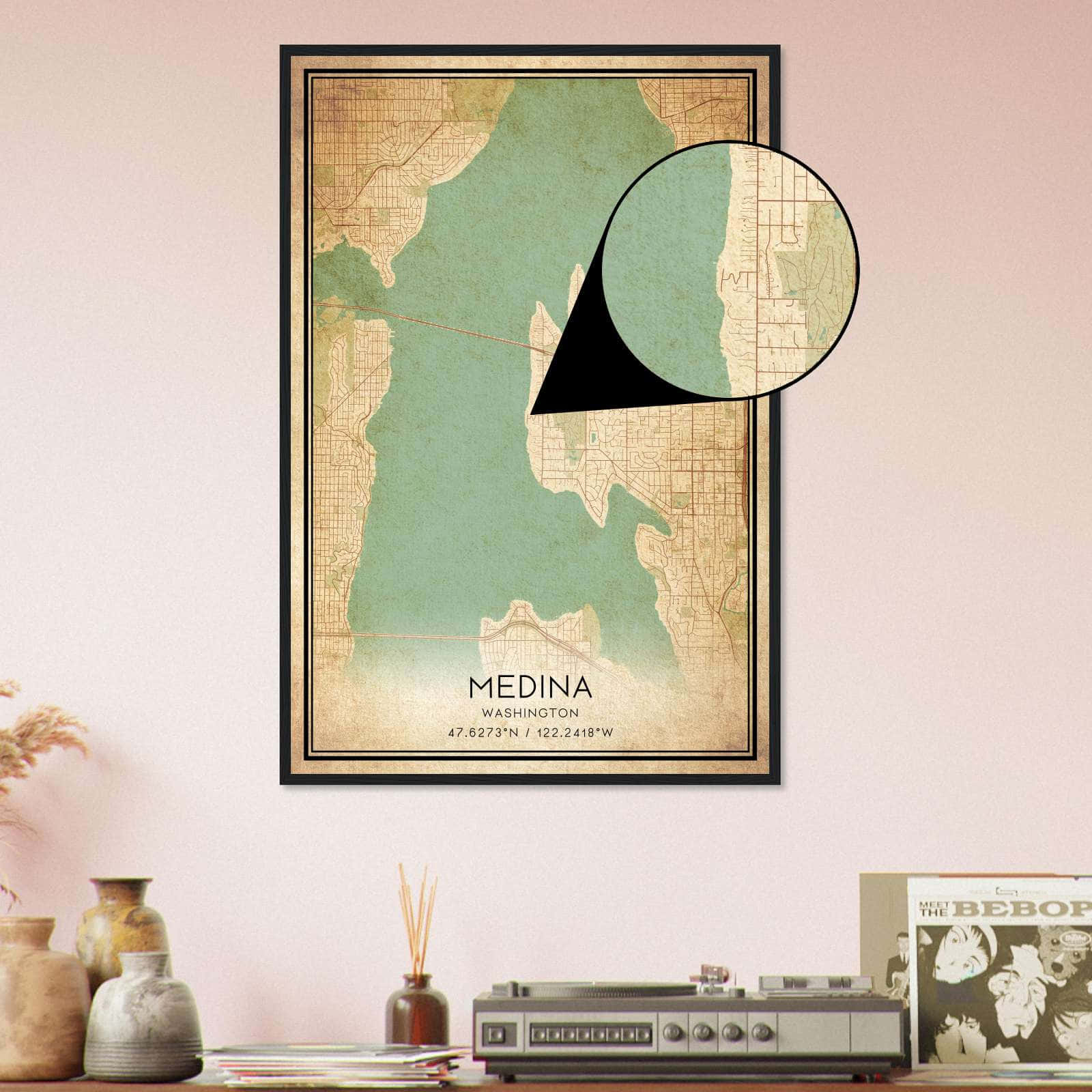 Vintage Medina Washington Map Poster, Medina WA City Road Wall Art ...