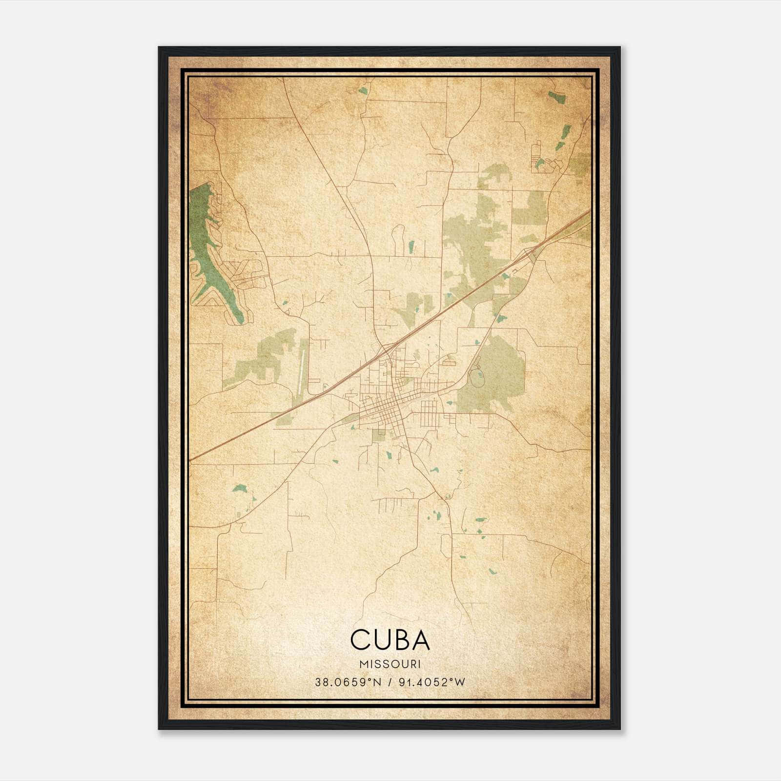 Vintage Cuba Missouri Map Poster, Cuba MO City Road Wall Art Print ...