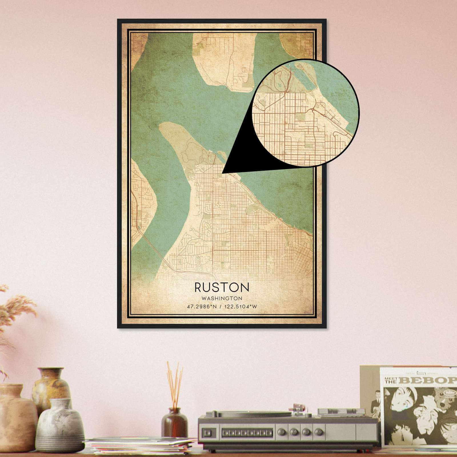 Vintage Ruston Washington Map Poster, Ruston WA City Road Wall Art ...