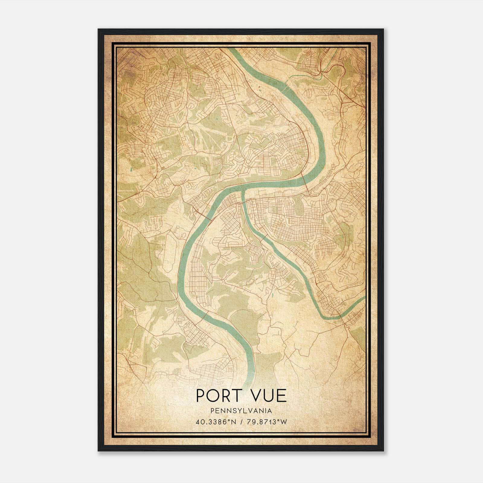 Vintage Port Vue Pennsylvania Map Poster, Port Vue PA City Road Wall ...