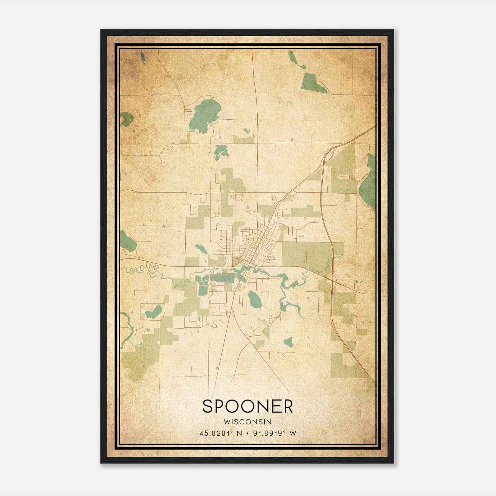 Vintage Spooner Wisconsin Map Poster, Spooner WI City Road Wall Art ...