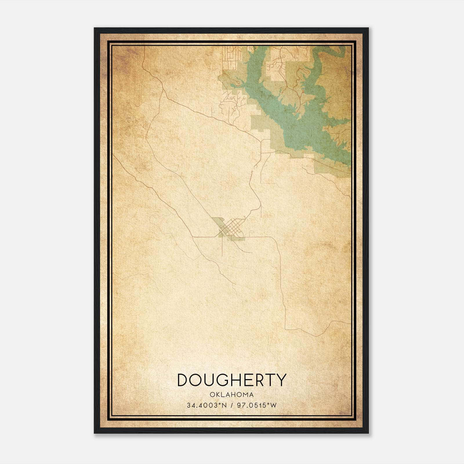 Vintage Dougherty Oklahoma Map Poster, Dougherty OK City Road Wall Art ...