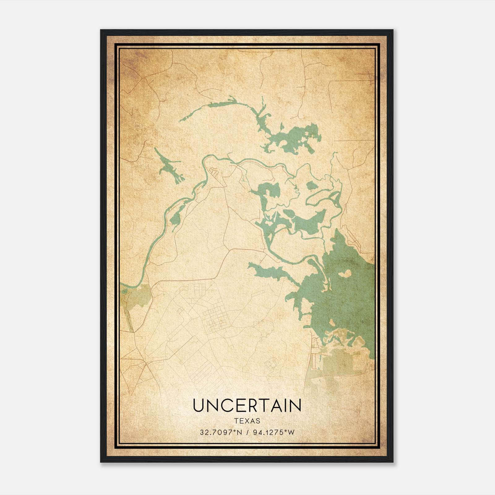 Vintage Uncertain Texas Map Poster, Uncertain TX City Road Wall Art ...