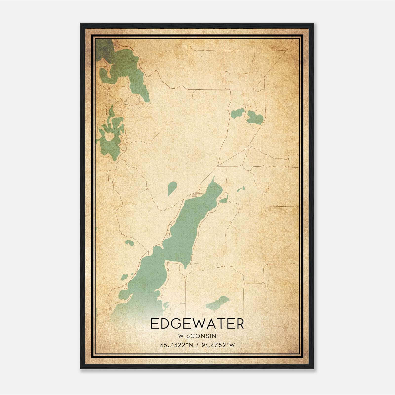 Vintage Edgewater Wisconsin Map Poster, Edgewater WI City Road Wall Art ...
