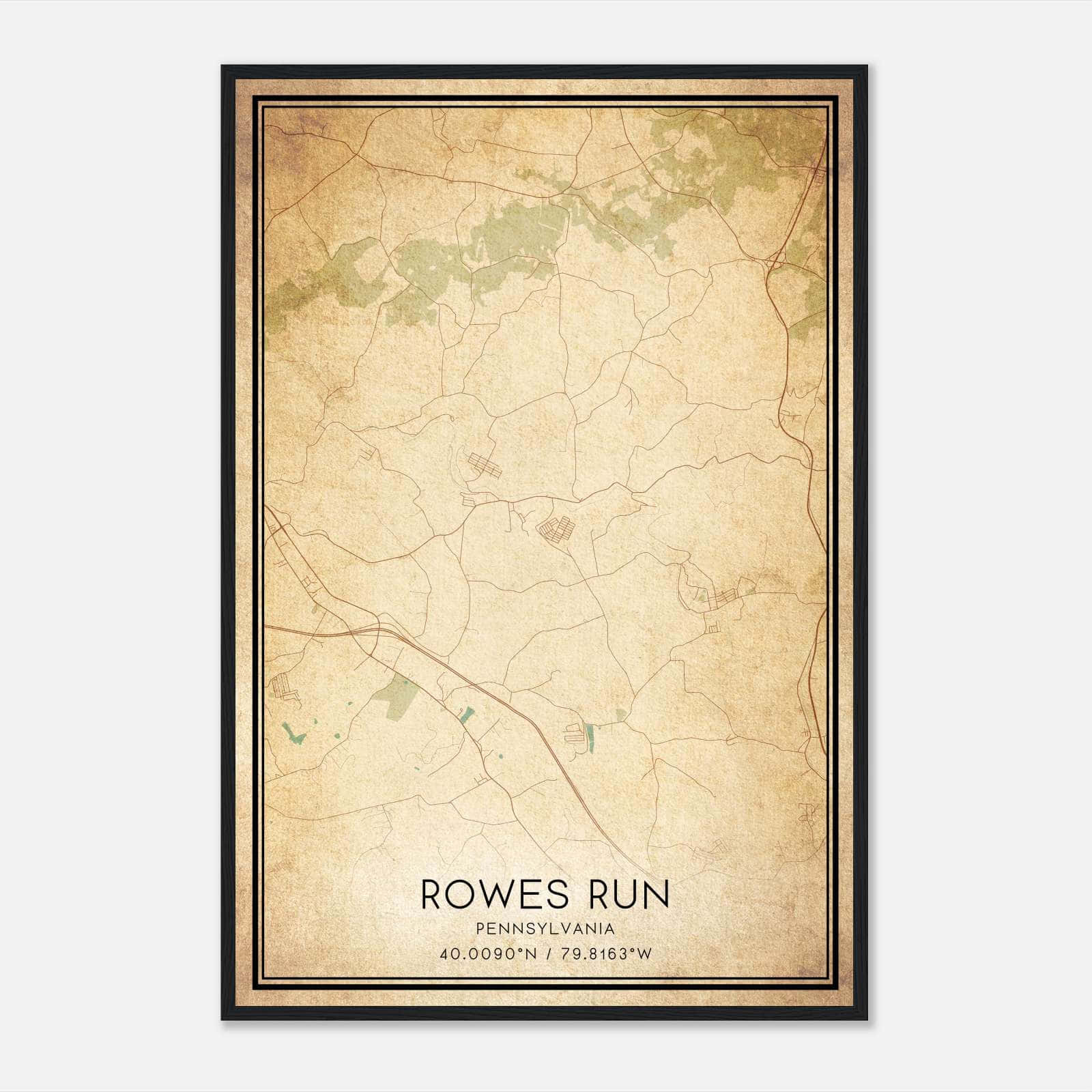 Vintage Rowes Run Pennsylvania Map Poster, Rowes Run PA City Road Wall Art Print - Custom Maps ...
