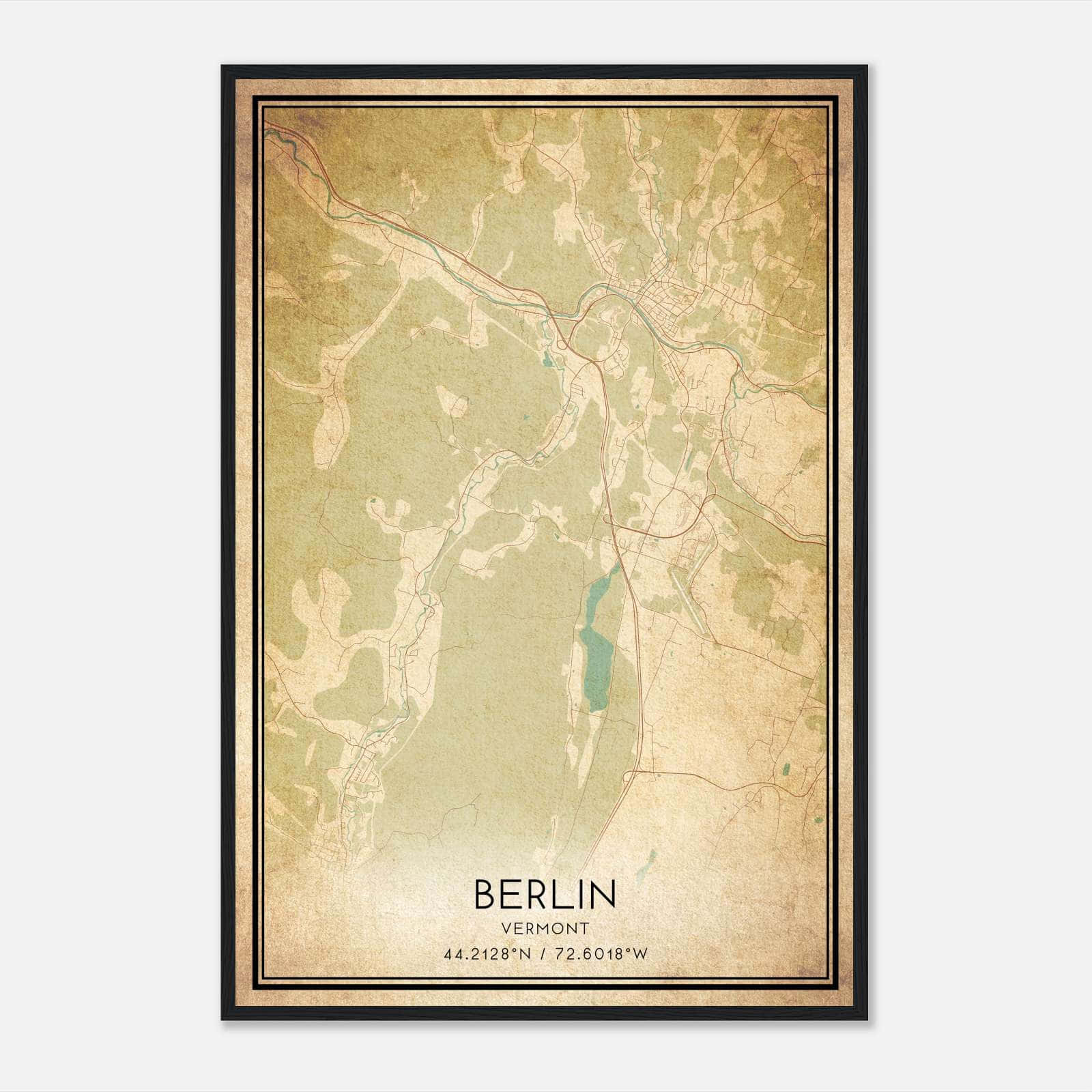 Vintage Berlin Vermont Map Poster, Berlin VT City Road Wall Art Print ...