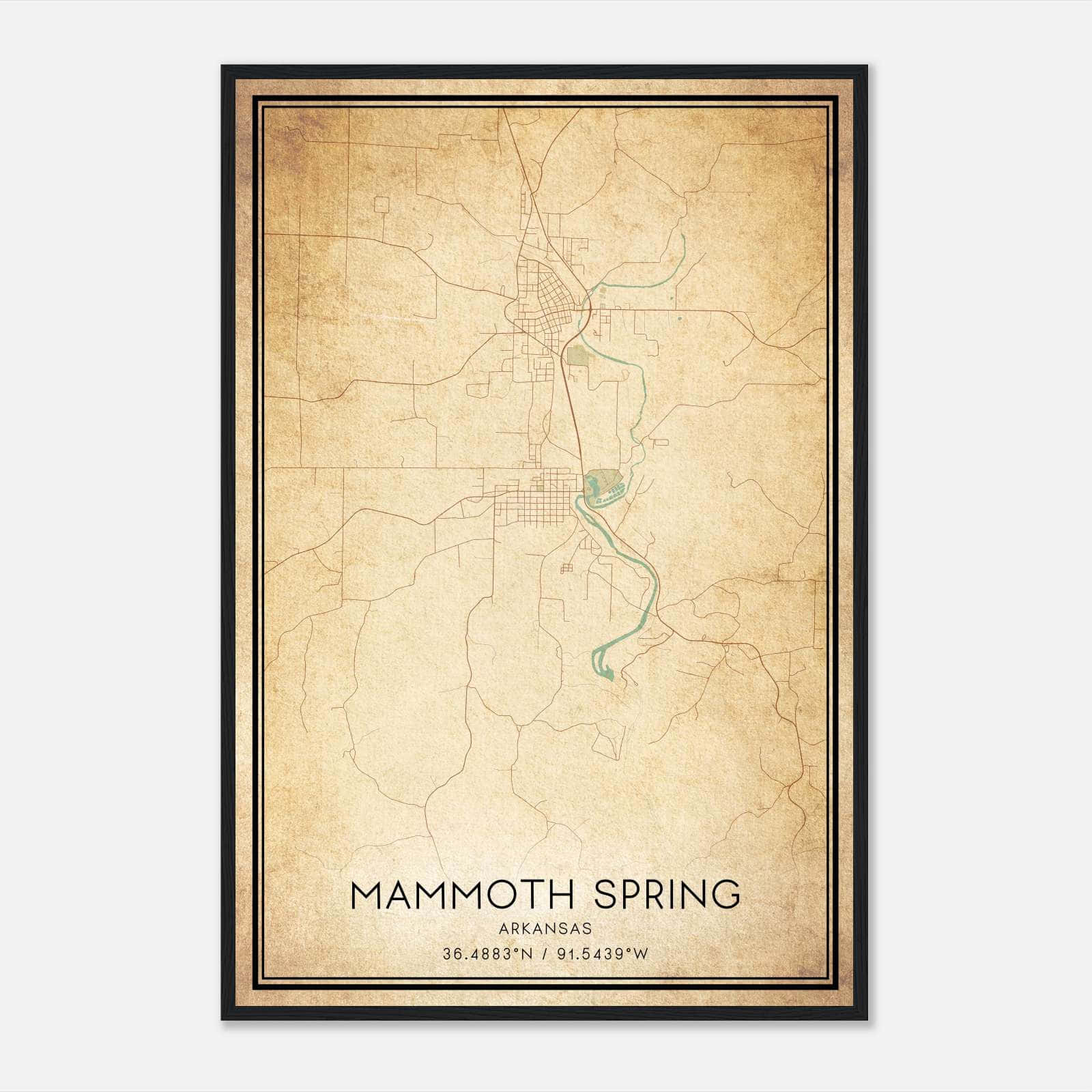 Vintage Mammoth Spring Arkansas Map Poster, Mammoth Spring AR City Road ...