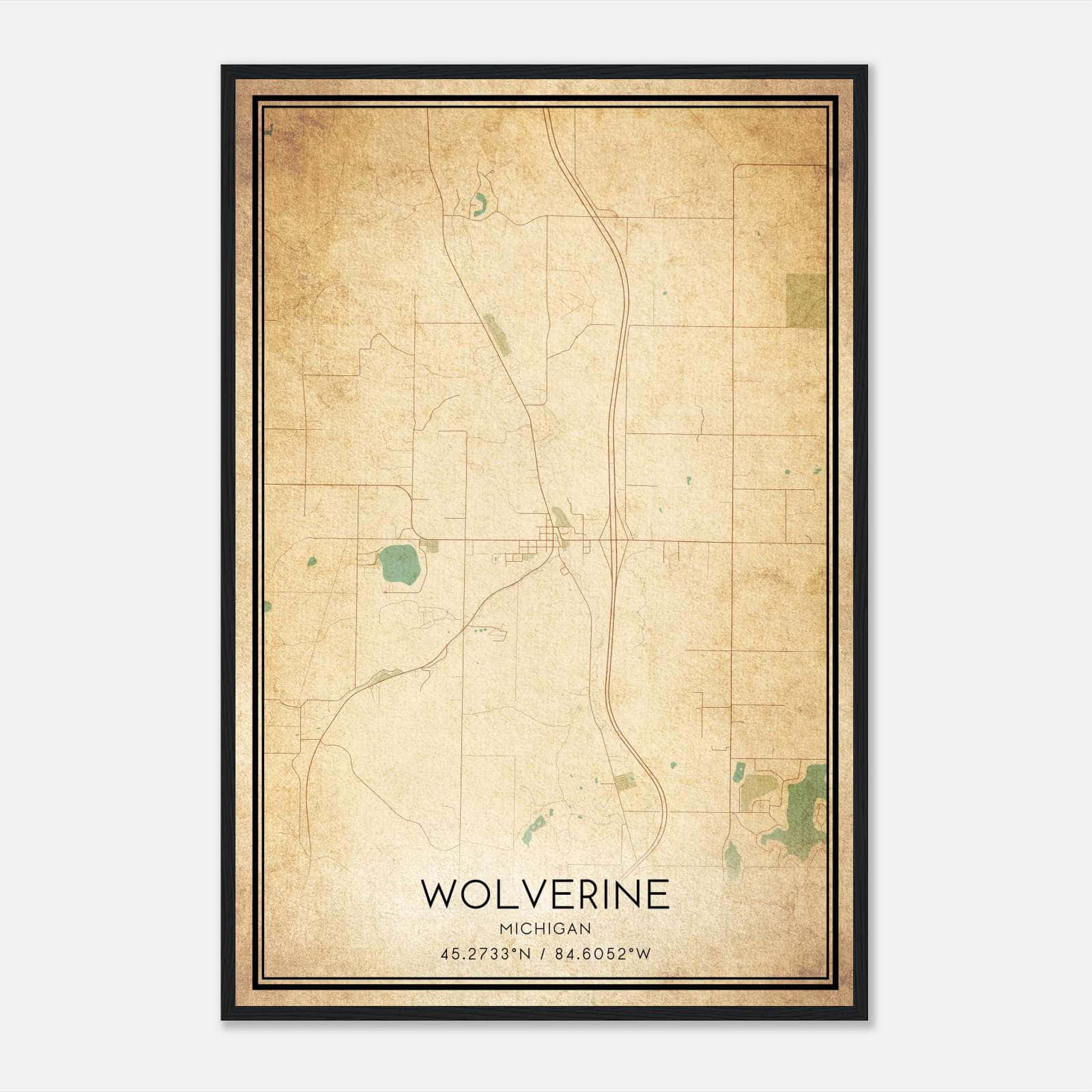 Vintage Wolverine Michigan Map Poster, Wolverine MI City Road Wall Art ...