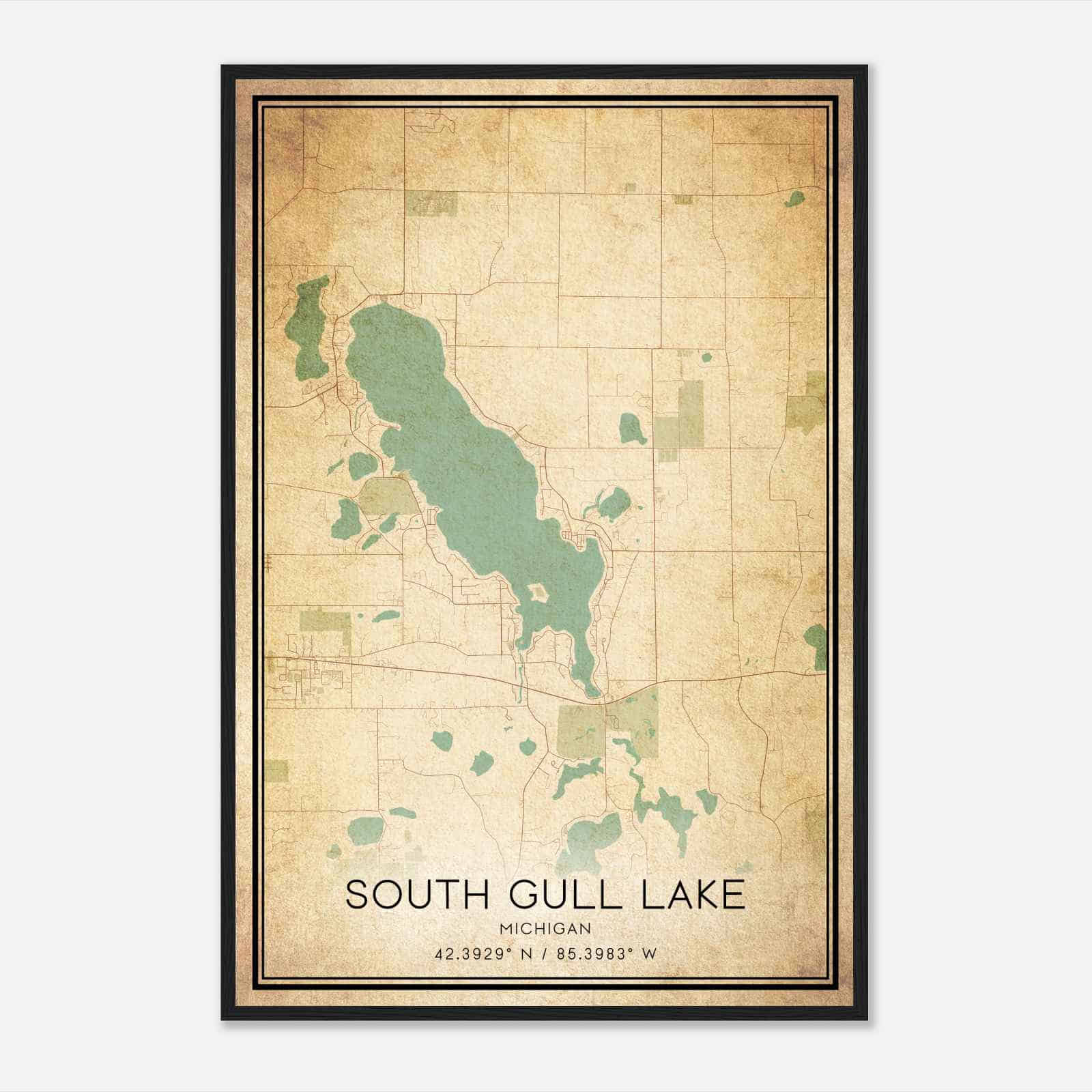 Vintage South Gull Lake Michigan Map Poster, South Gull Lake MI City ...