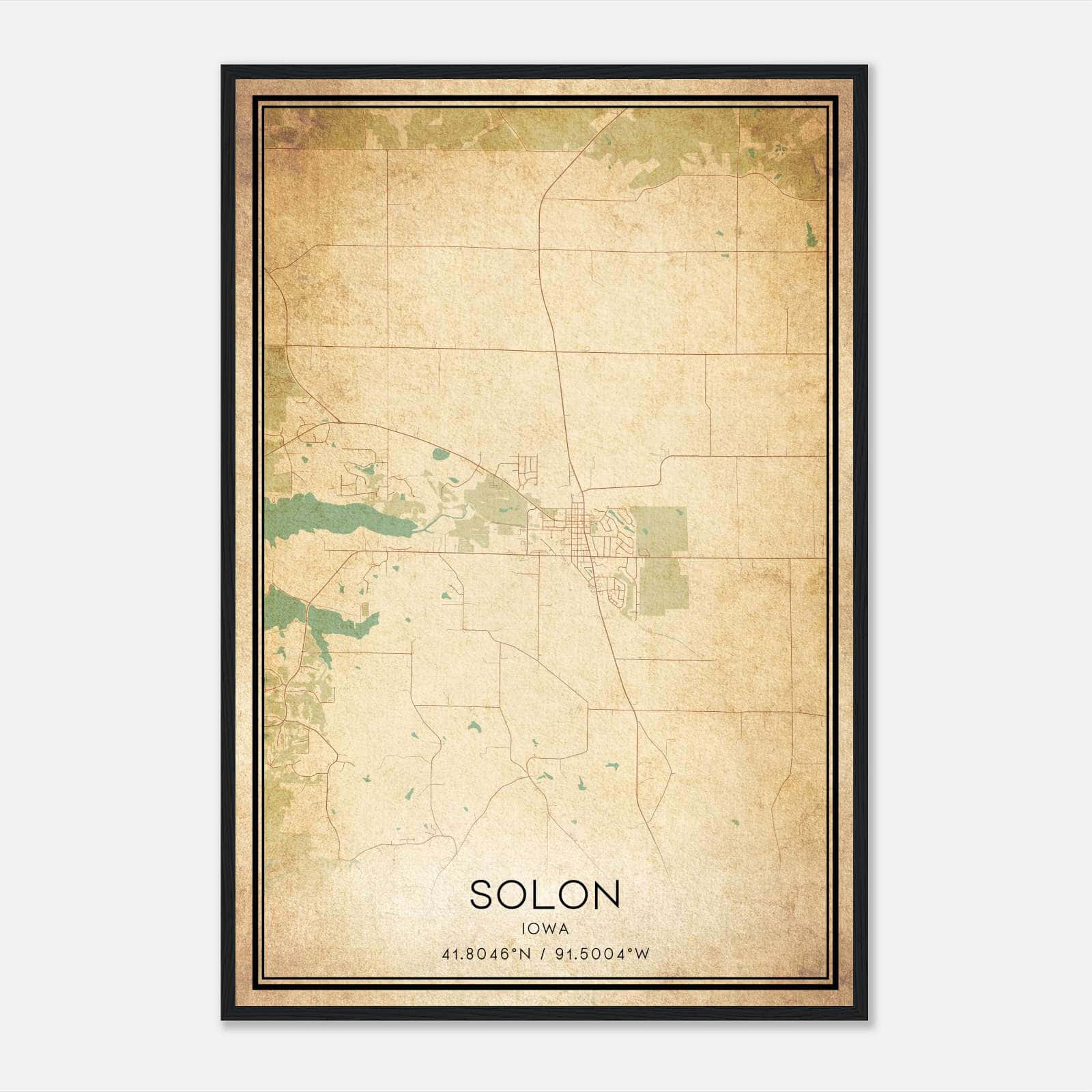 Vintage Solon Iowa Map Poster, Solon IA City Road Wall Art Print ...