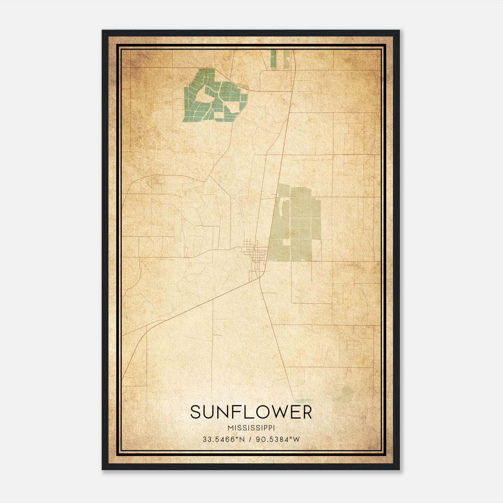 Vintage Sunflower Mississippi Map Poster, Sunflower MS City Road Wall ...